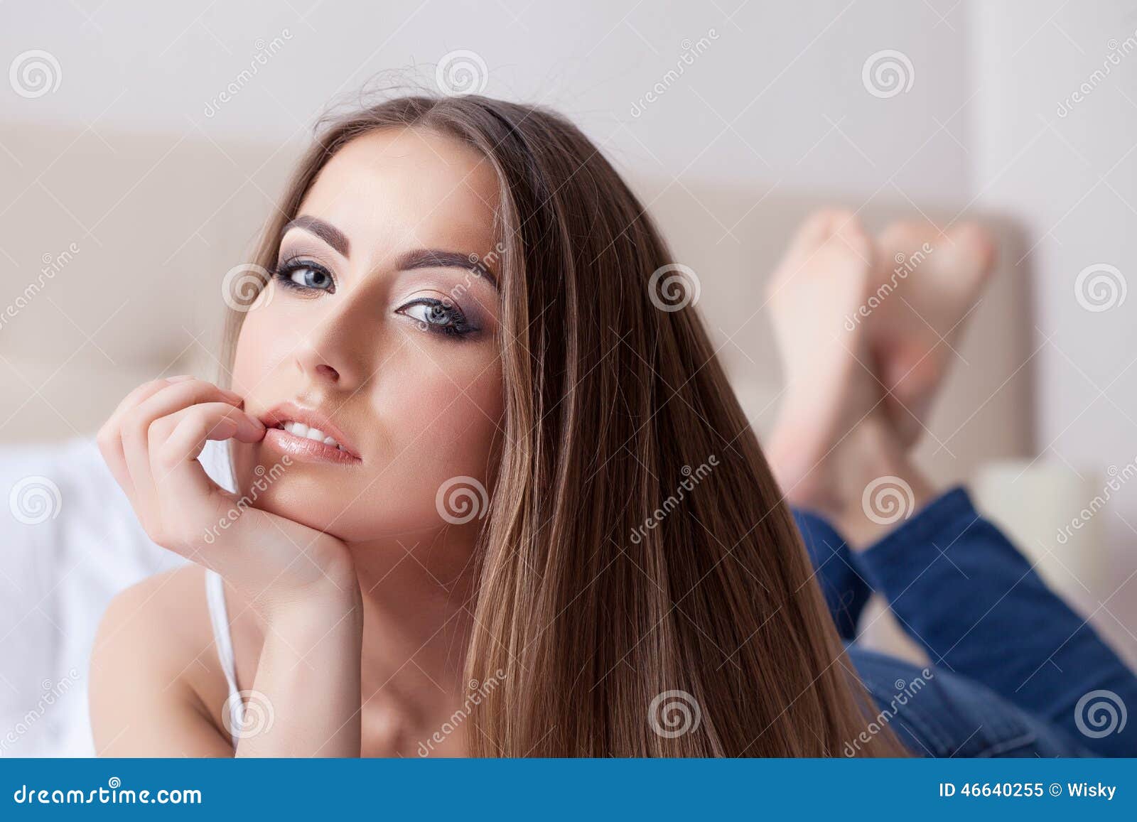 Portrait of Beautiful Woman Lying in Bed Stock Image - Image of slim ...