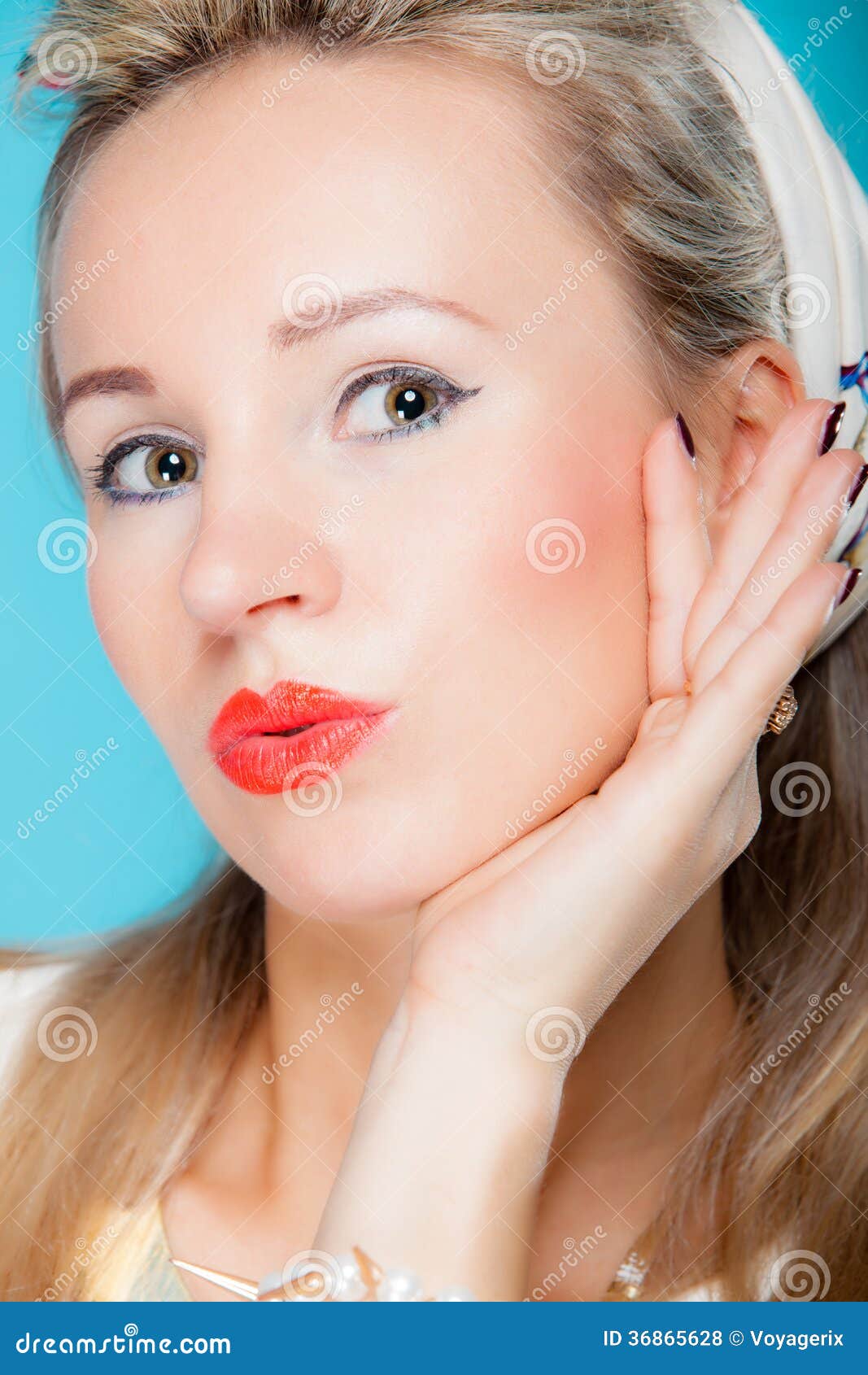 Portrait Beautiful Woman Pinup Girl Retro Style Blowing A Kiss Flirty