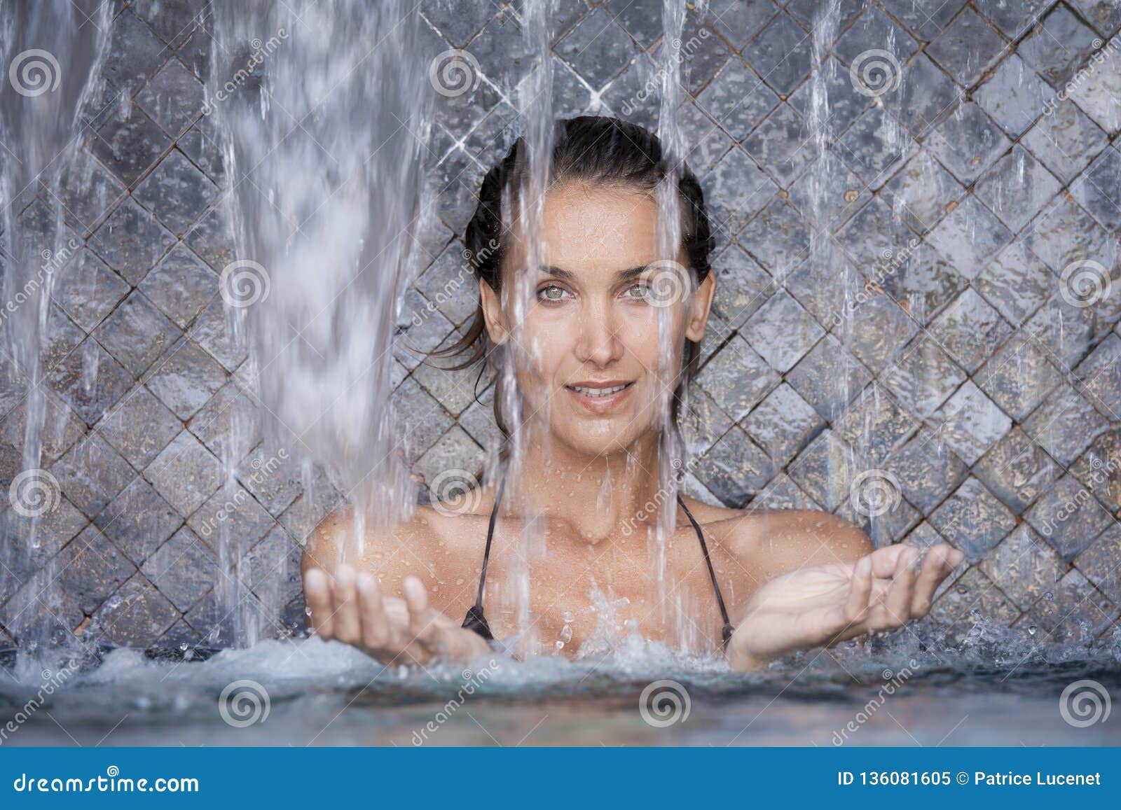 Woman in a Pool Under a Waterfall Stock Image - Image of model, care ...