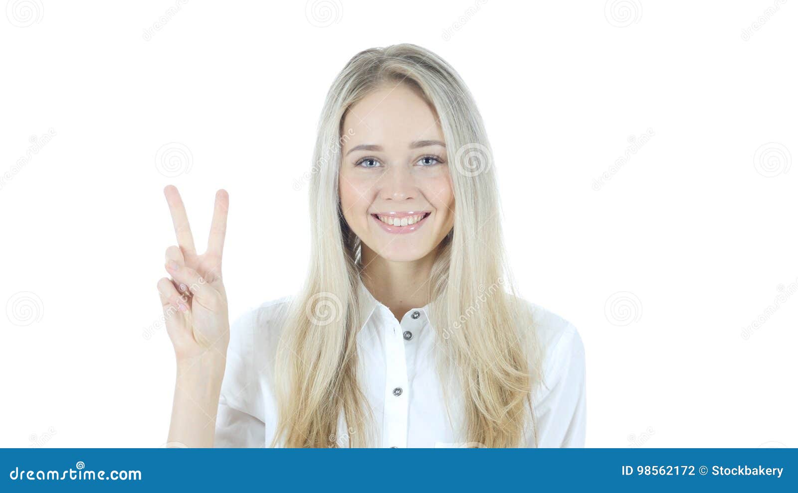 Portrait Of Beautiful Woman Showing Victory Sign White Background