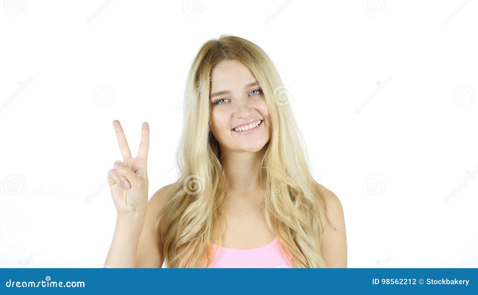 Portrait Of Beautiful Woman Showing Victory Sign White Background