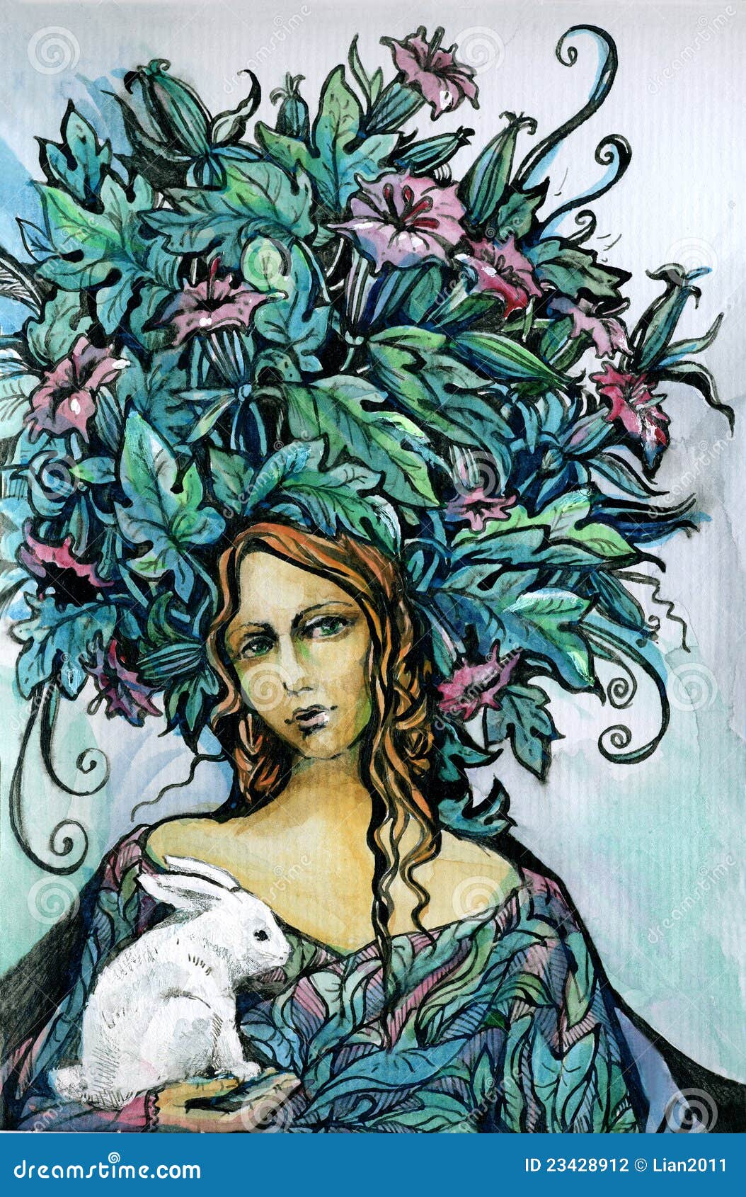 Portrait of a Beautiful Woman with White Rabbit Stock Illustration ...