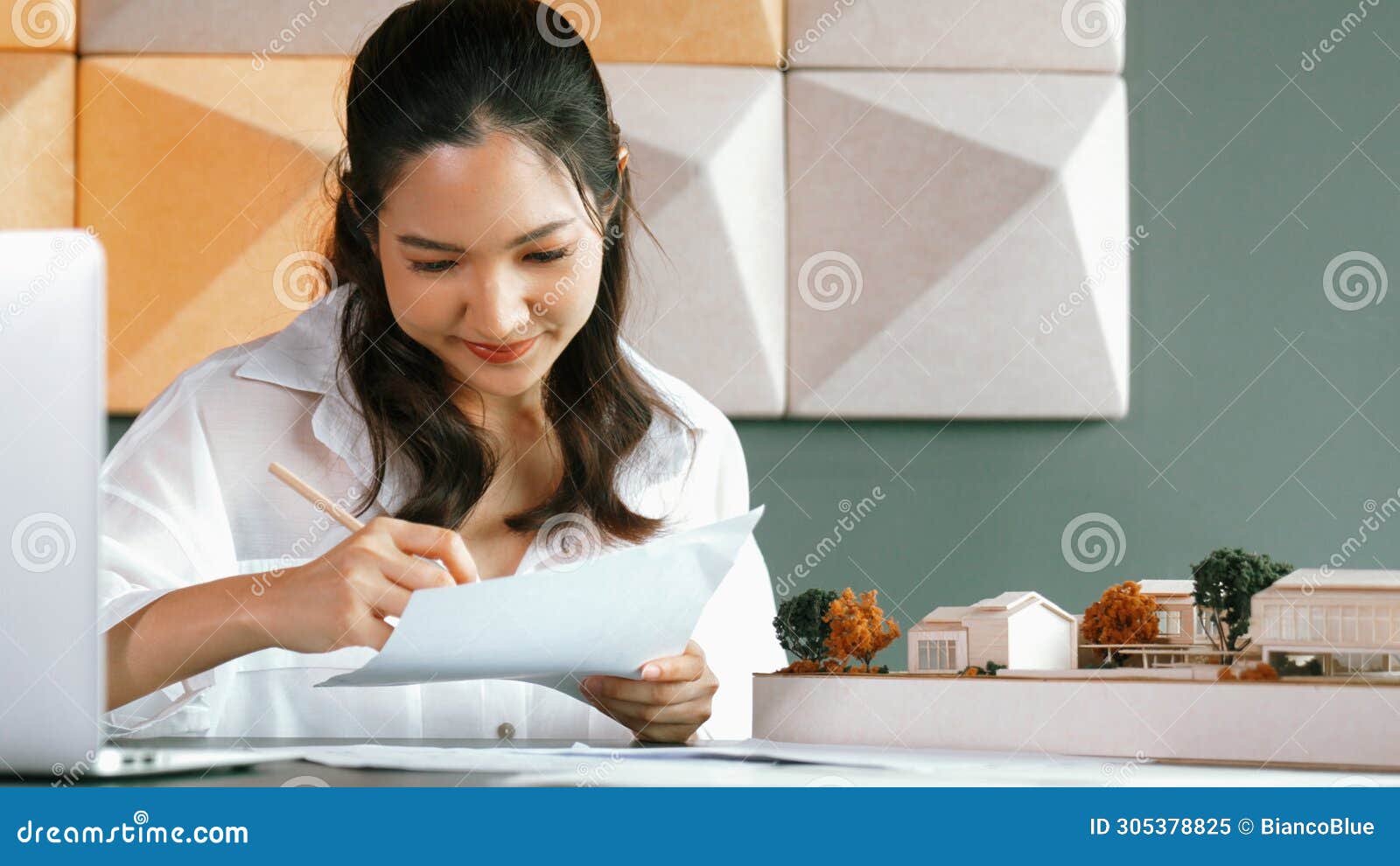 Young Architect Measure House Model while Taking a Note Blueprint ...