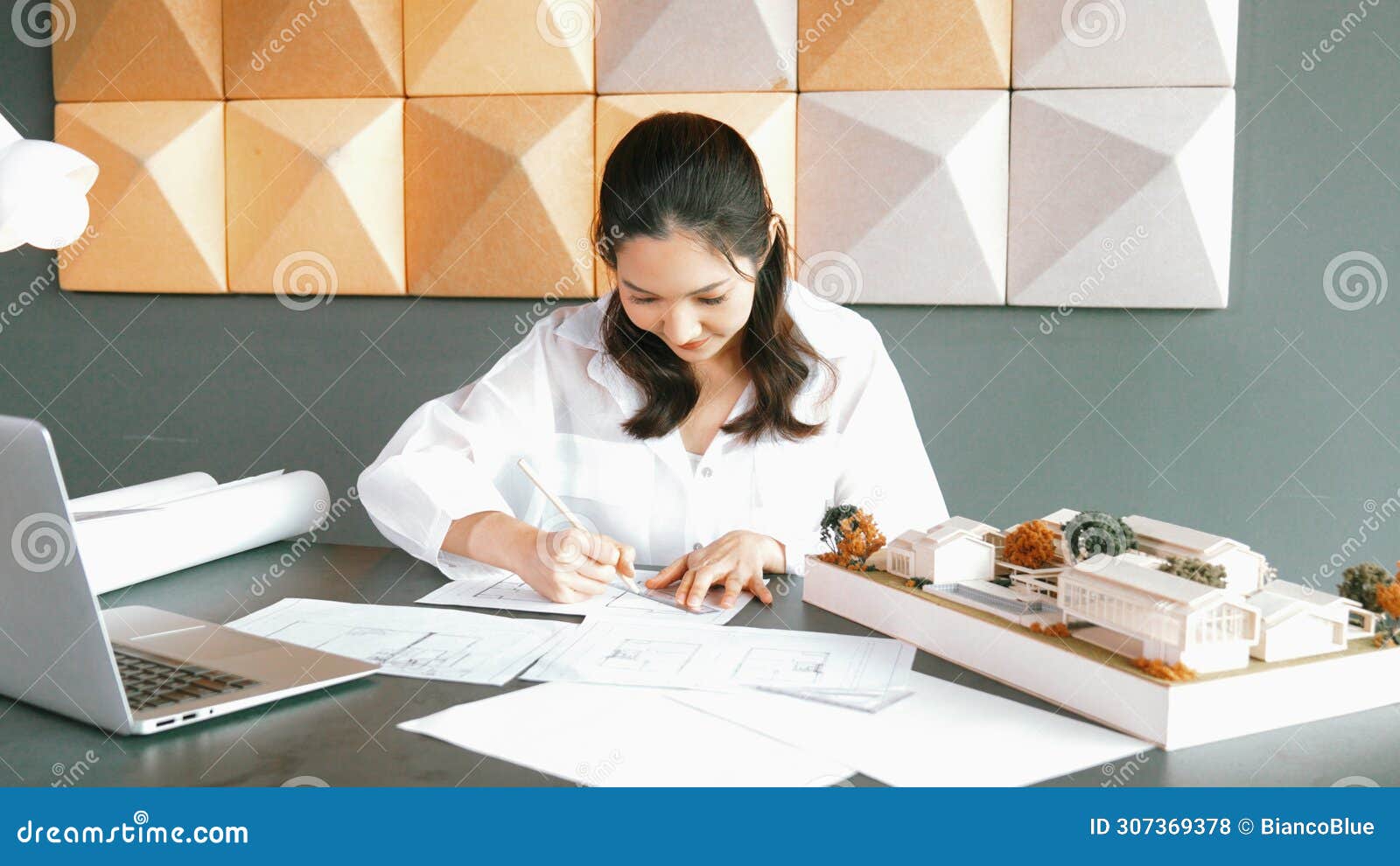 Young Architect Measure House Model while Taking a Note Blueprint ...