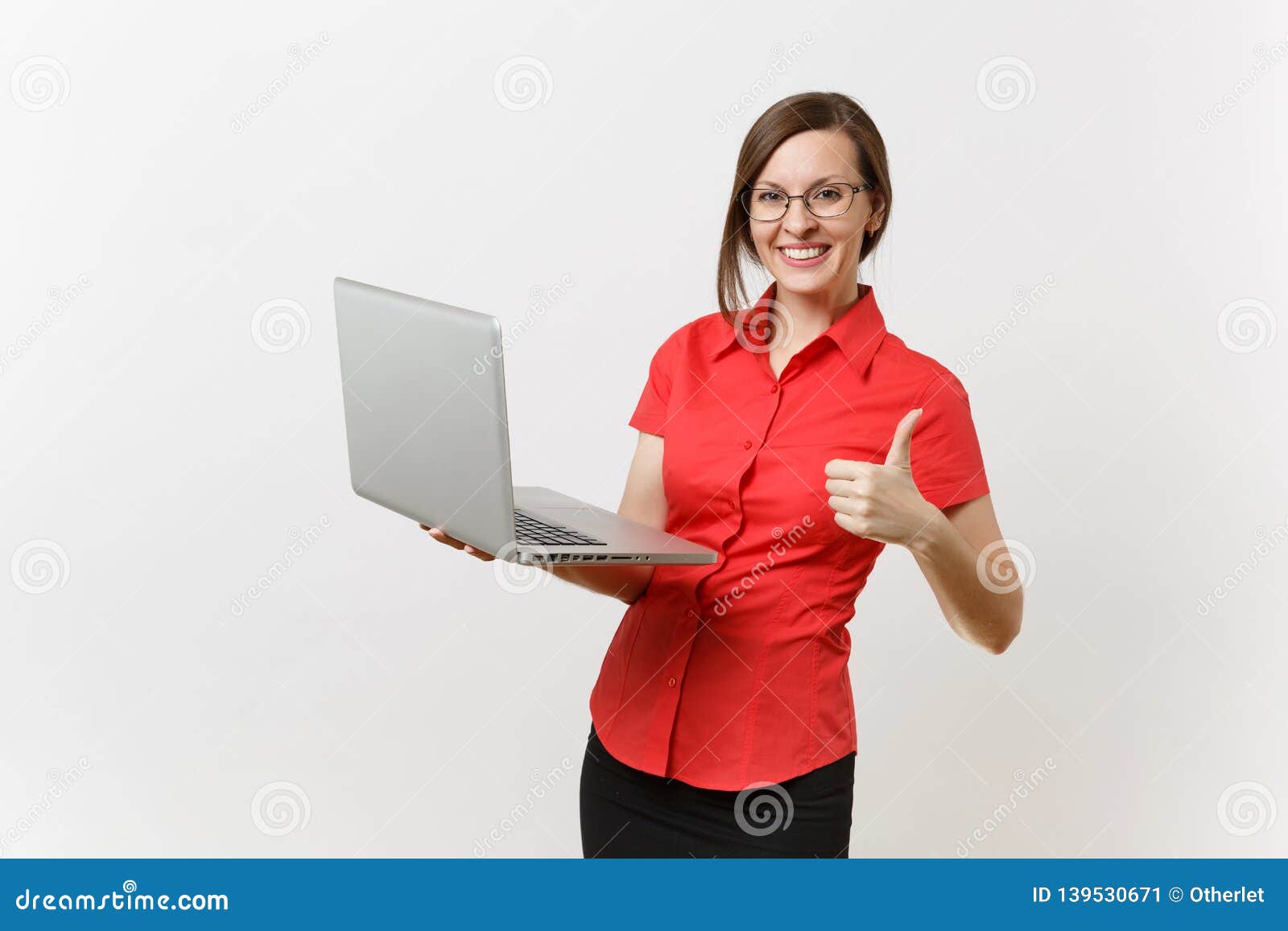 Portrait Of Beautiful Young Business Teacher Woman User In Red Shirt