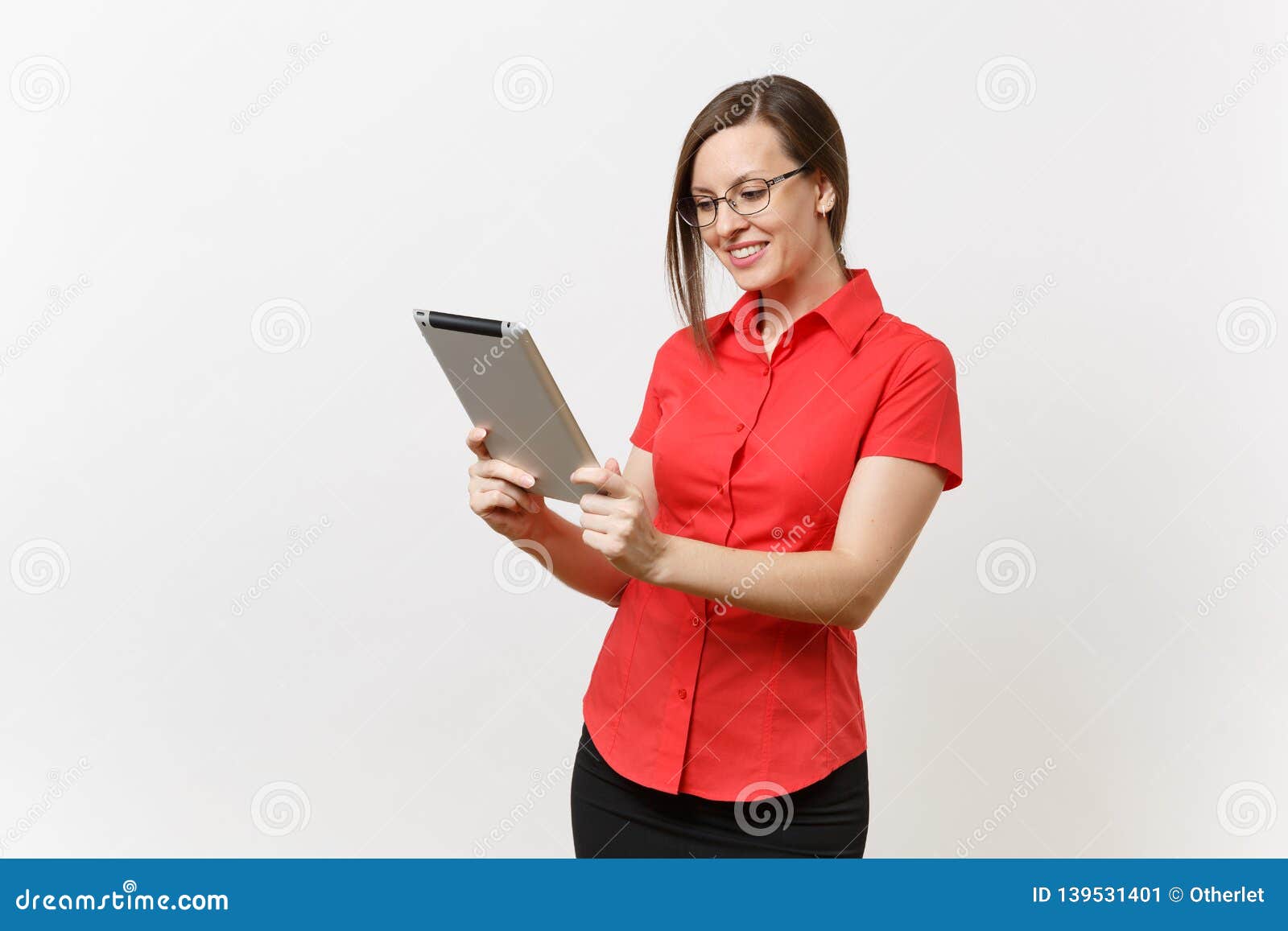 Portrait Of Beautiful Young Business Teacher Woman User In Red Shirt