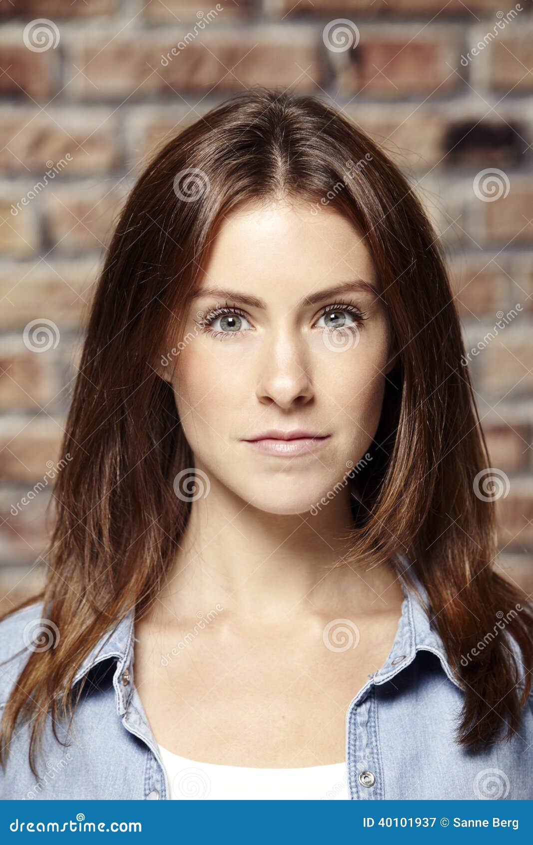 Portrait Of A Beautiful Young Woman Against Brick Wall Stock Image