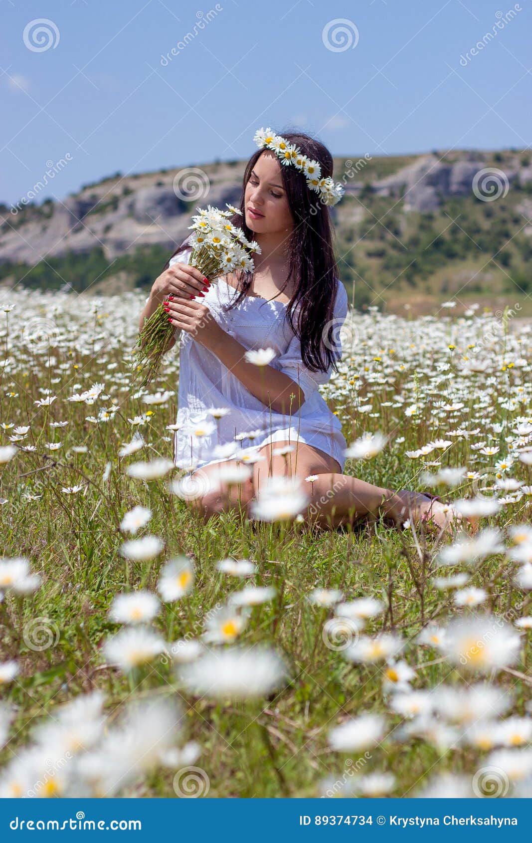 Portrait Of A Beautiful Young Woman In Chamomile Field Happy Girl