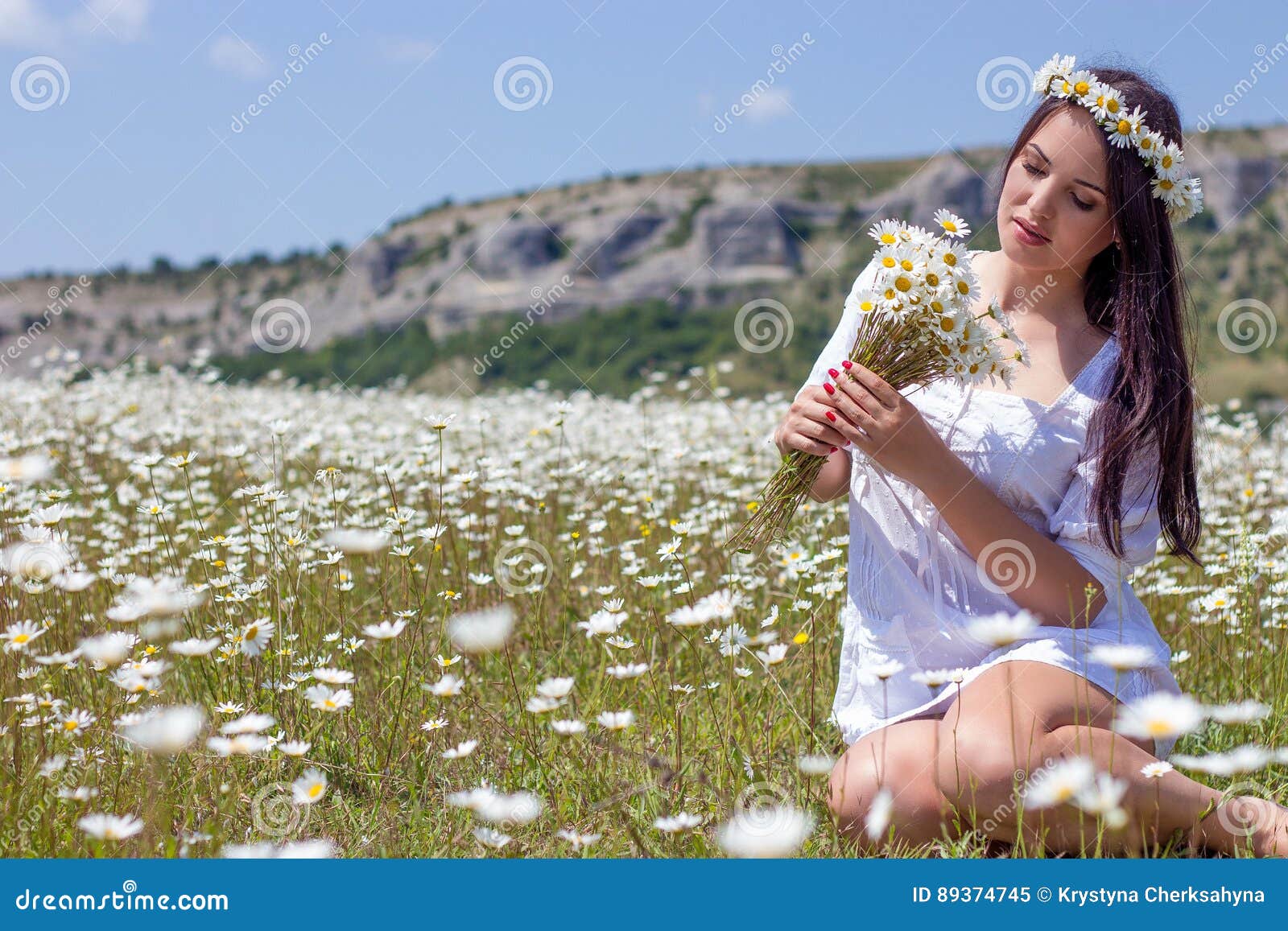Portrait Of A Beautiful Young Woman In Chamomile Field Happy Girl