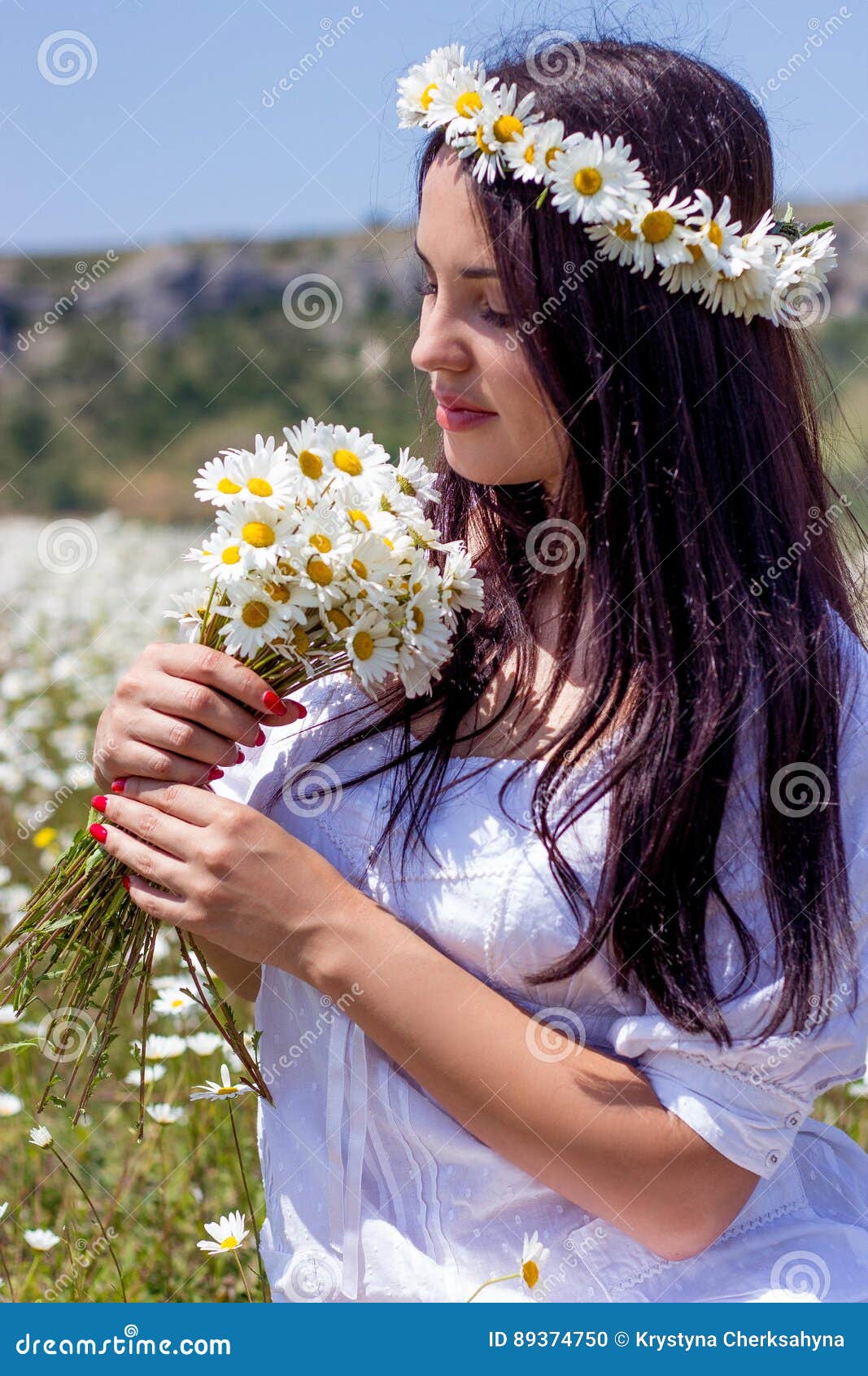 Portrait Of A Beautiful Young Woman In Chamomile Field Happy Girl