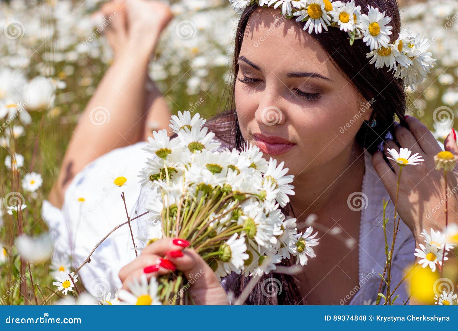 Portrait Of A Beautiful Young Woman In Chamomile Field Happy Girl