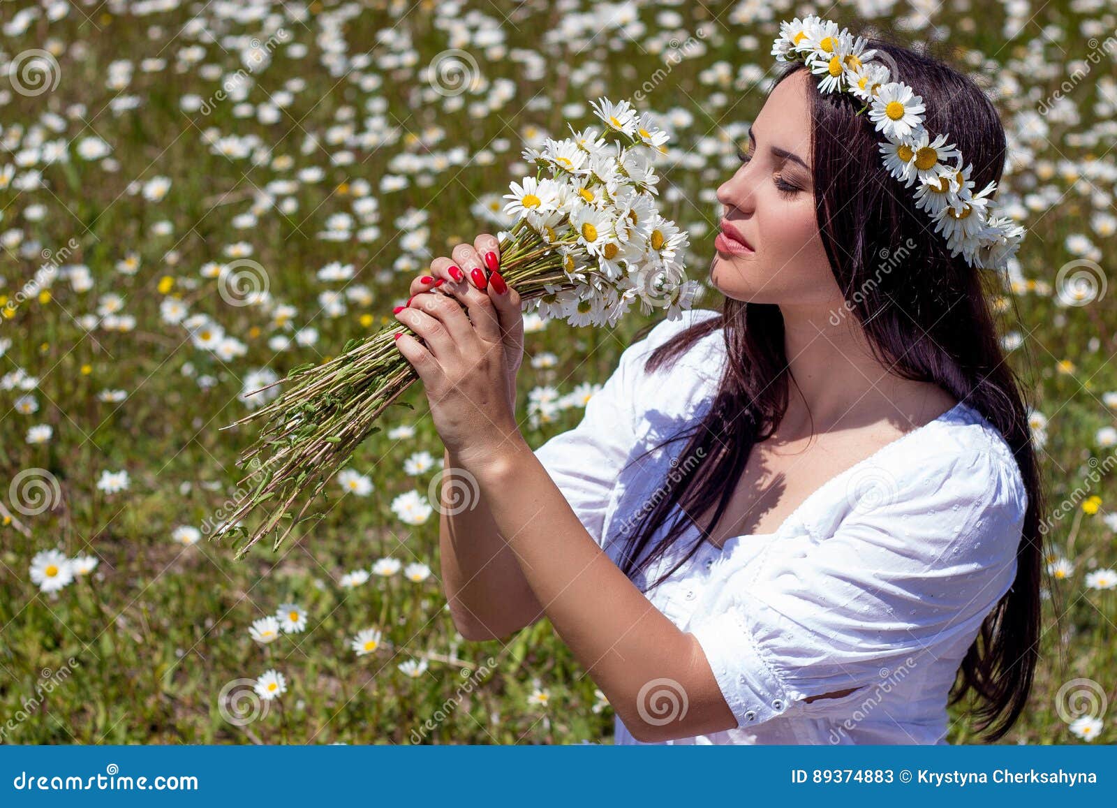 Portrait Of A Beautiful Young Woman In Chamomile Field Happy Girl