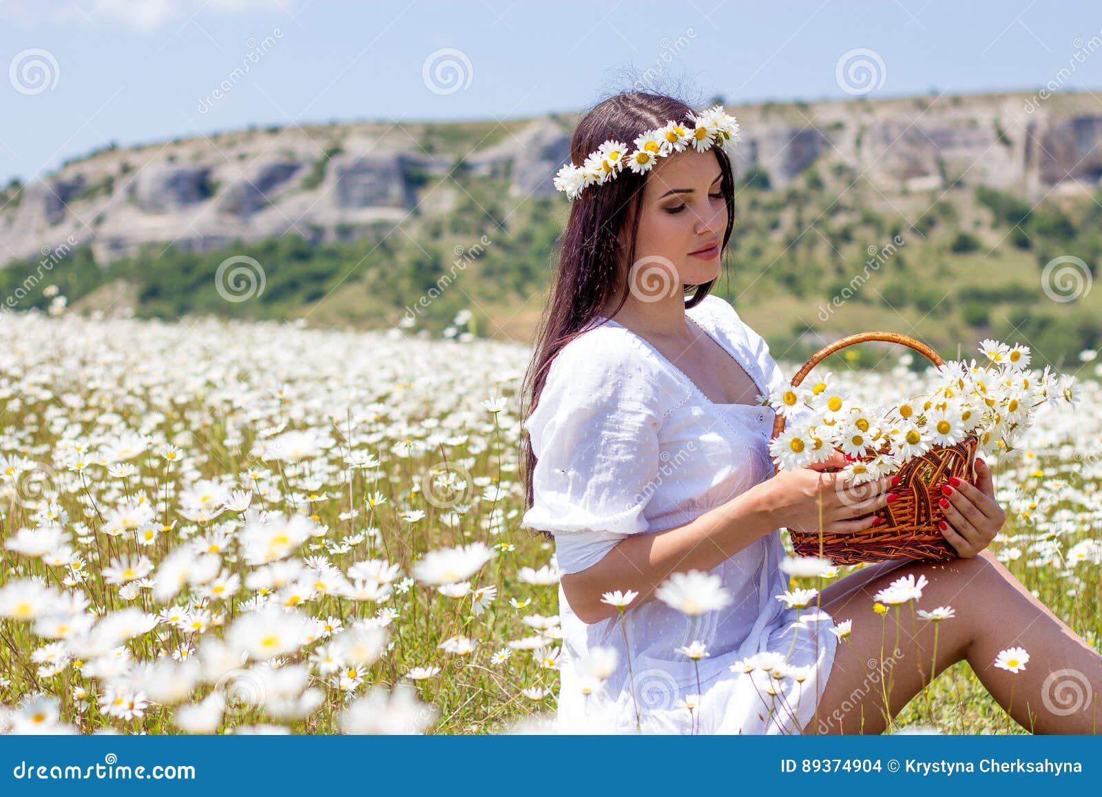 Portrait Of A Beautiful Young Woman In Chamomile Field Happy Girl