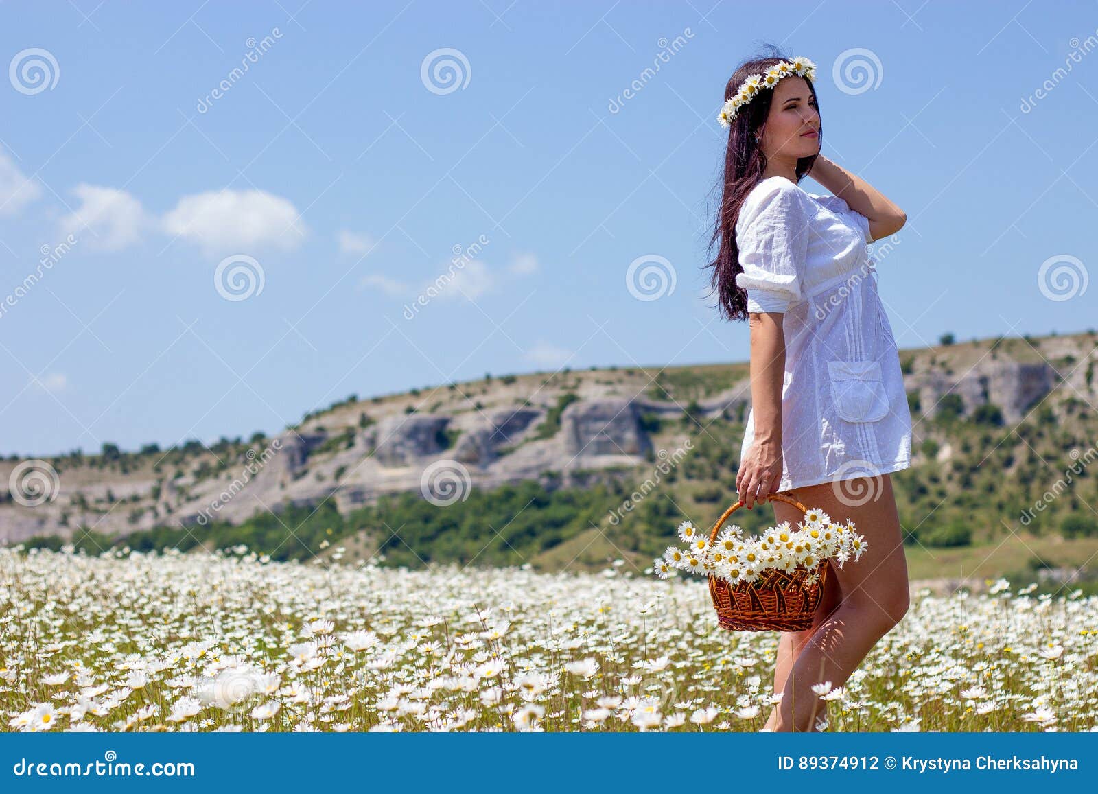 Portrait Of A Beautiful Young Woman In Chamomile Field Happy Girl