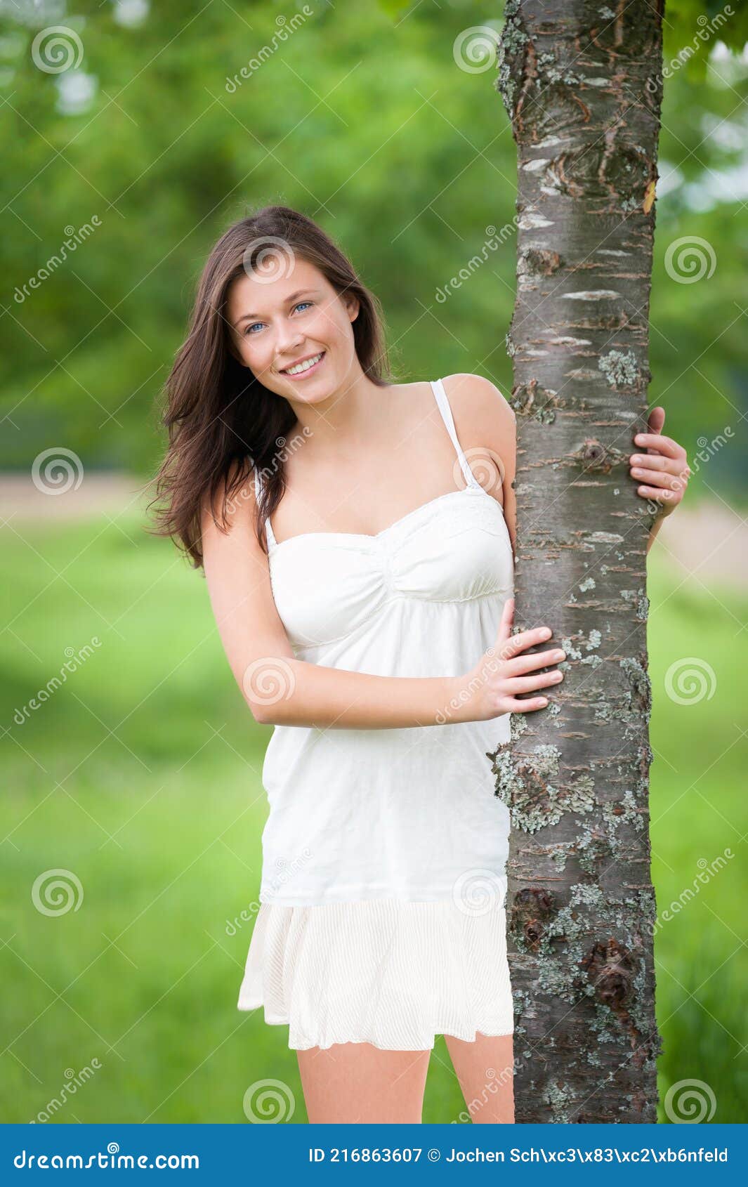 Portrait Of A Beautiful Young Woman Hugging A Tree Stock Image Image