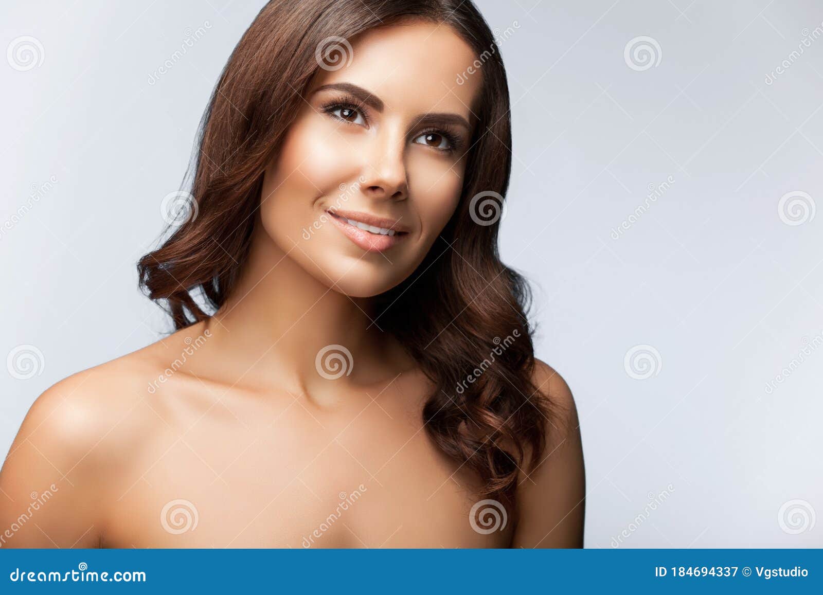 Young Woman With Naked Shoulders On Grey Stock Image Image Of Camera