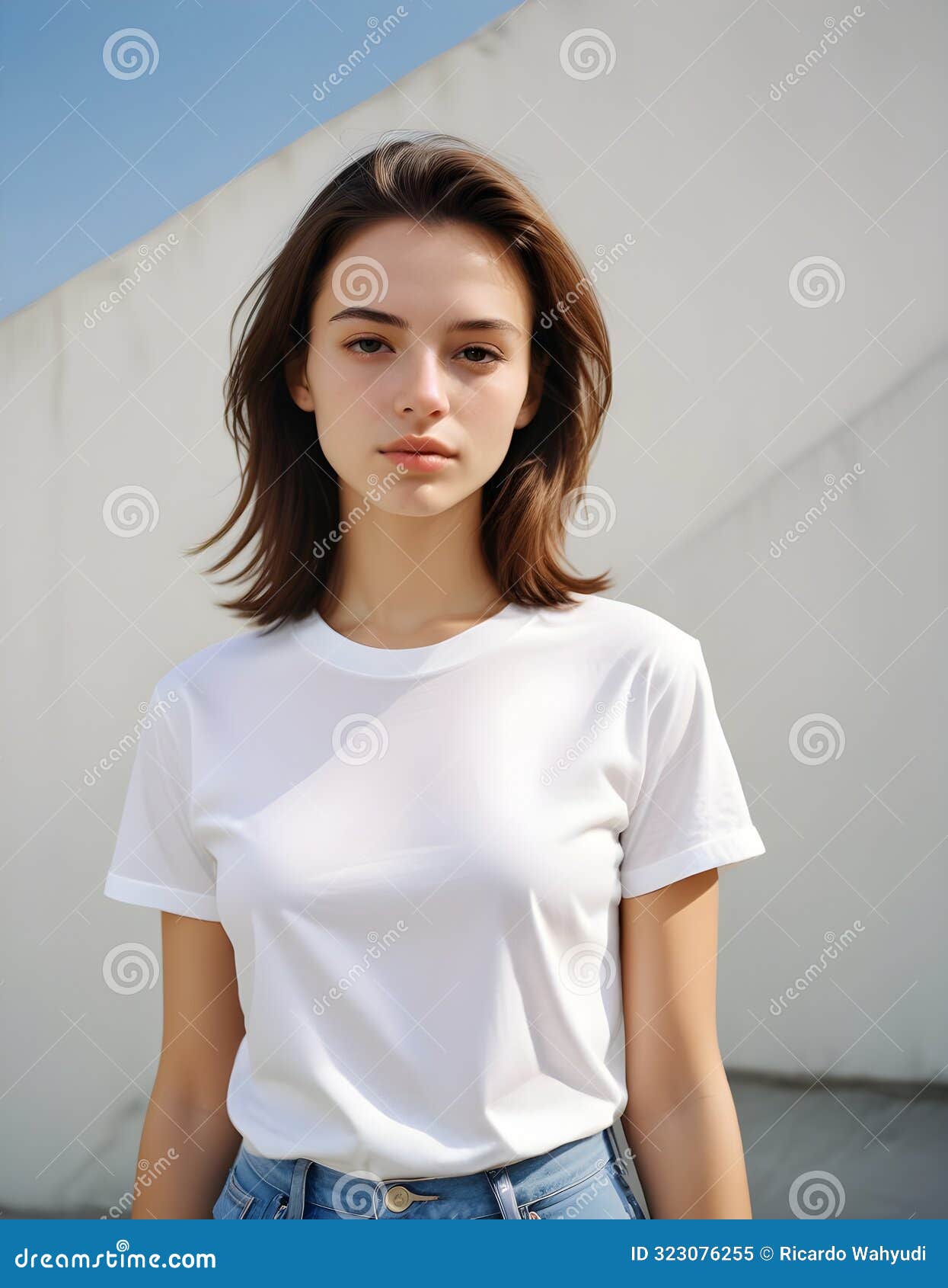 Portrait Of A Beautiful Young Woman In White T Shirt Stock Illustration