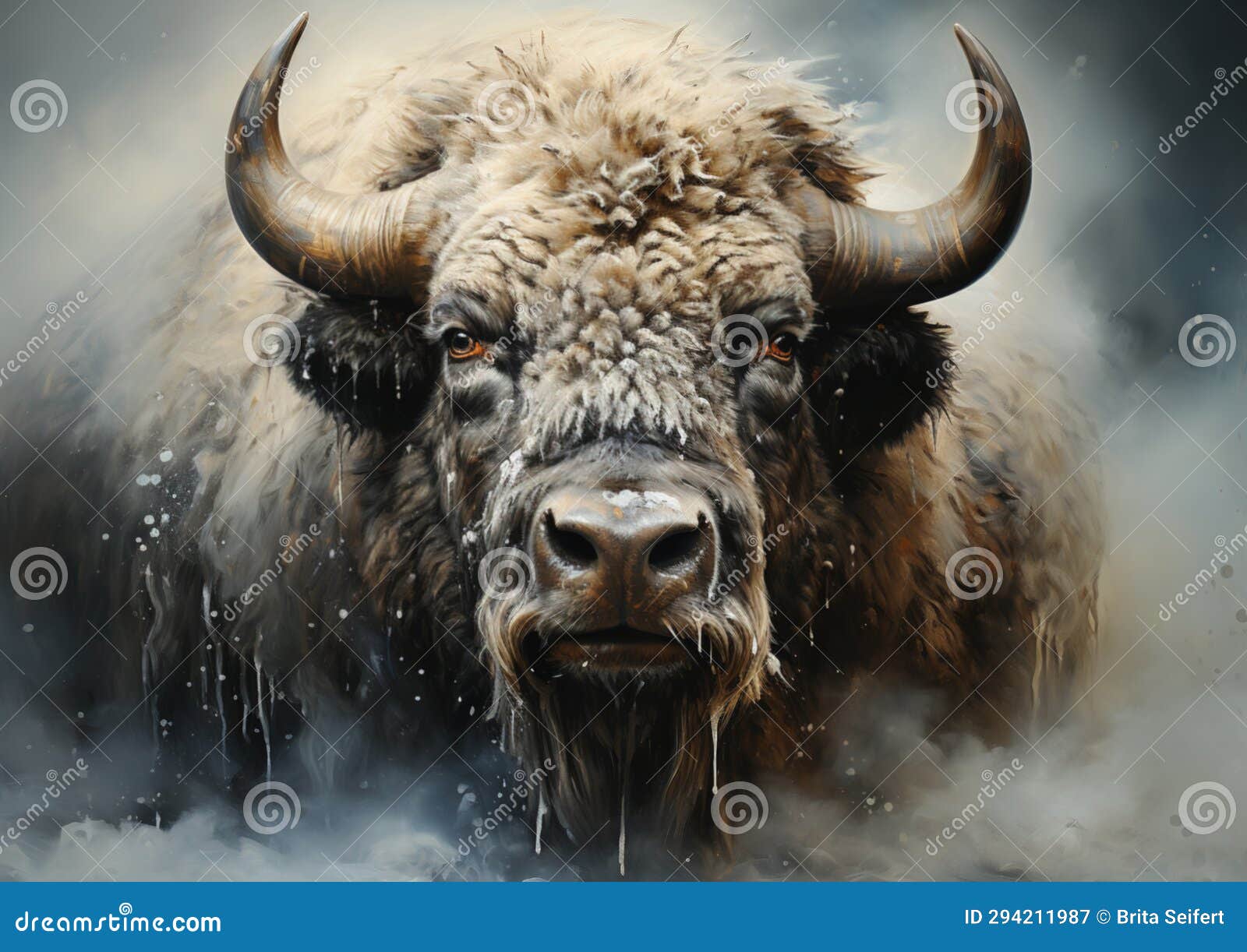 A Portrait of a Bison in Ice and Winter Snow. Digital Illustration ...