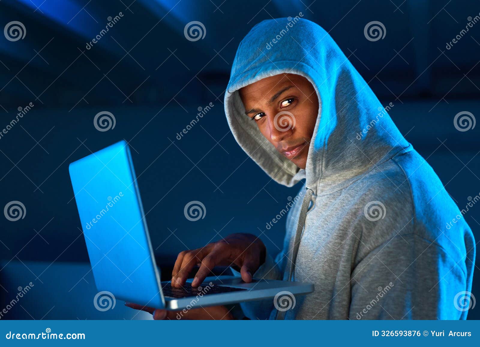 Portrait, Black Man or Hacker on Laptop in Night for Cybercrime ...