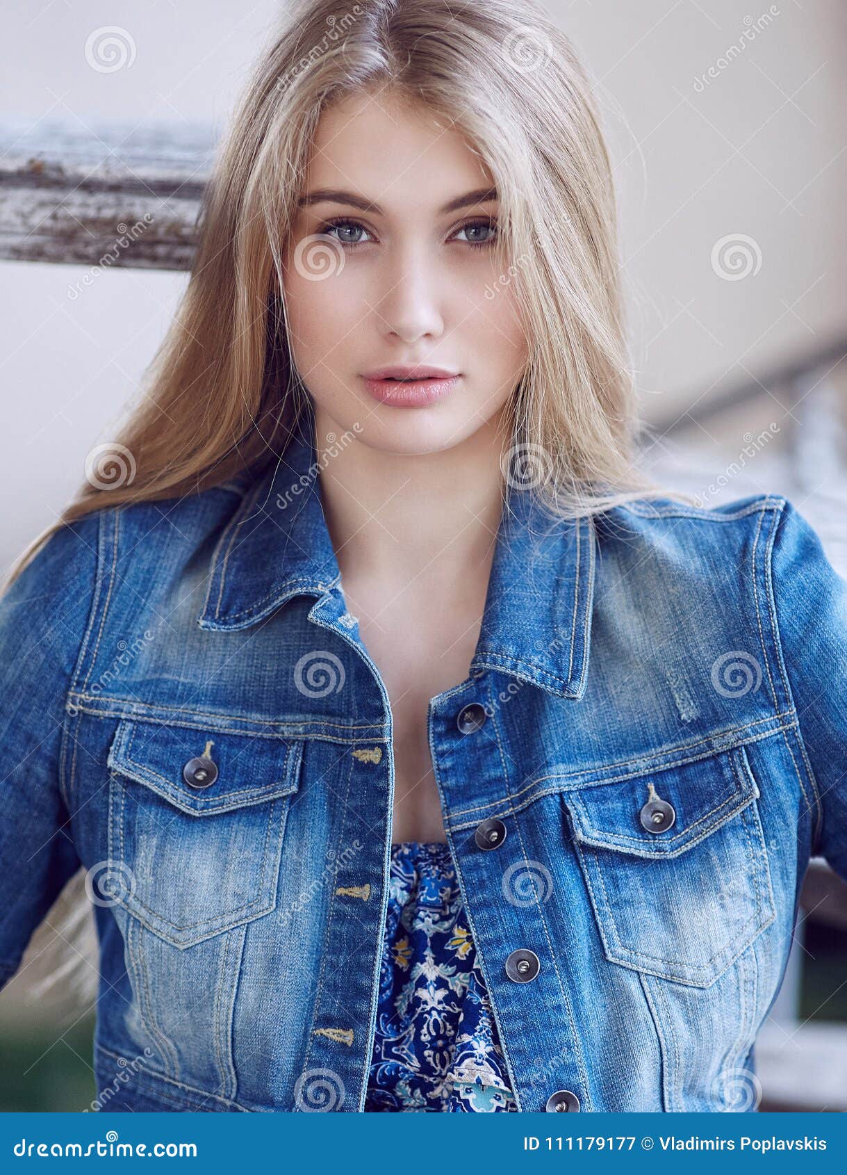 Portrait Of Blond Female In Denim Jeans Jacket Stock Image Image Of