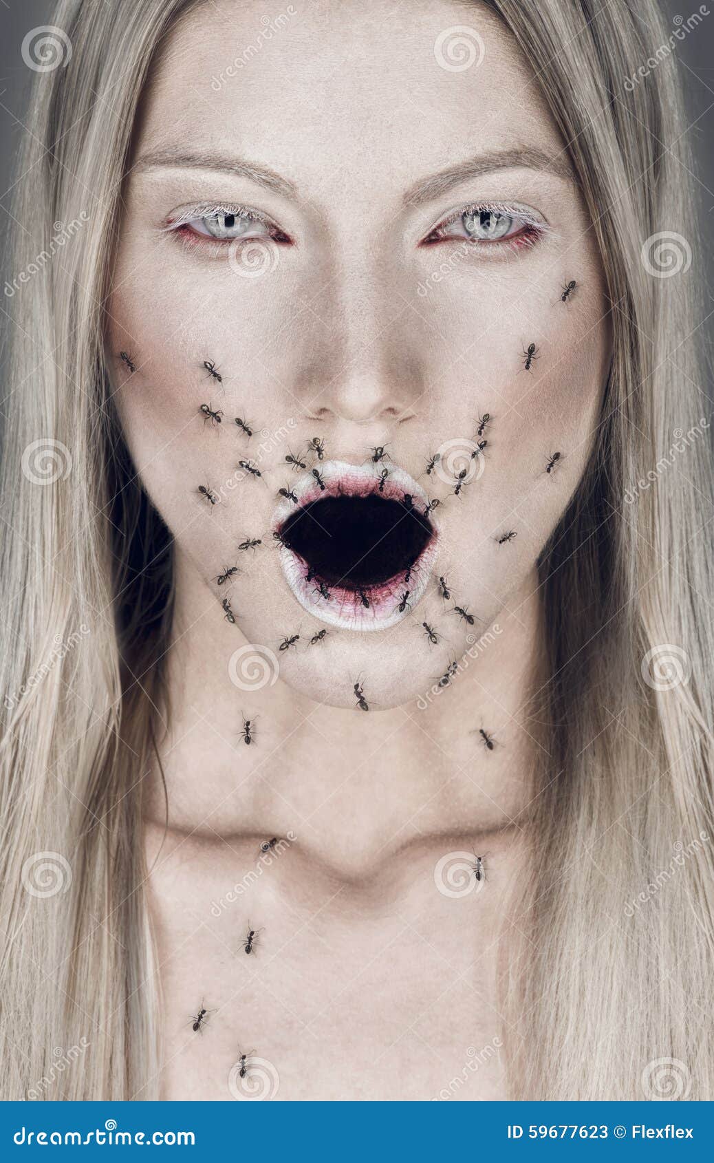 Portrait of Blond Woman with Open Mouth and Ants Stock Image - Image of ...