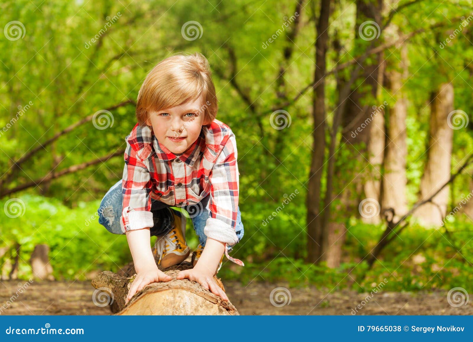 Portrait of Blond Young Boy Standing on a Log Stock Photo - Image of ...