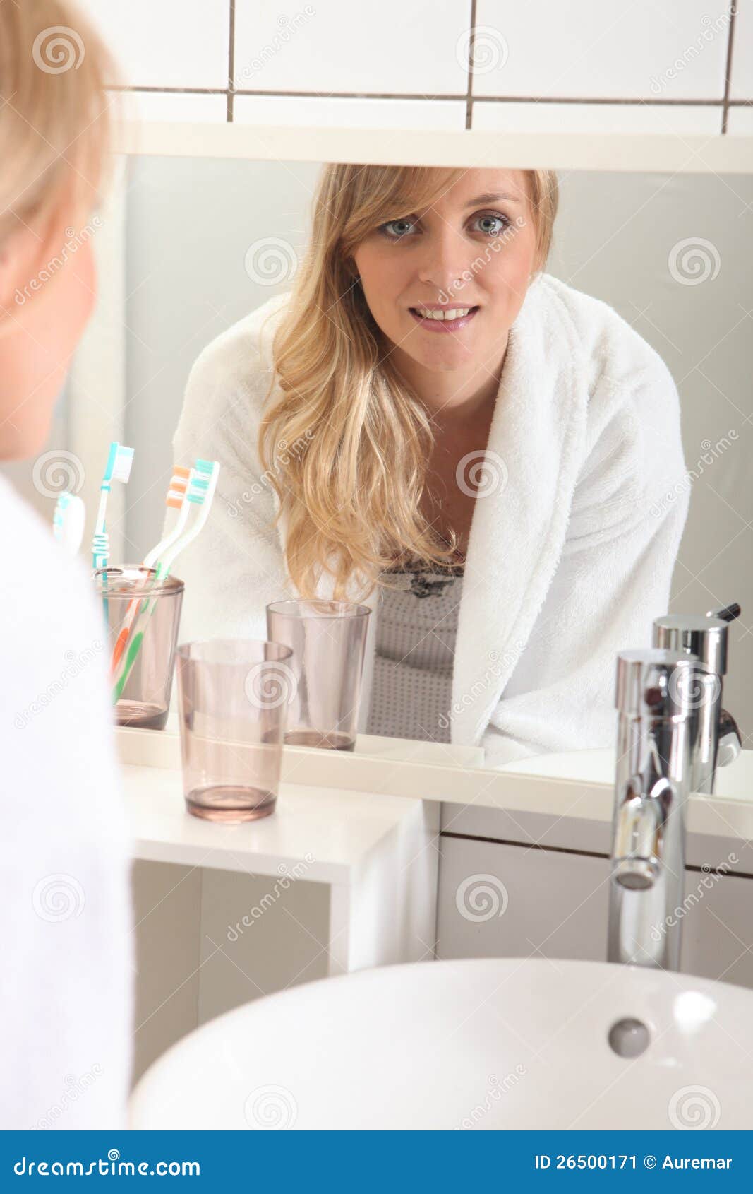 Portrait Of Blonde In Bathroom Stock Image Image Of Standing Faucet 26500171