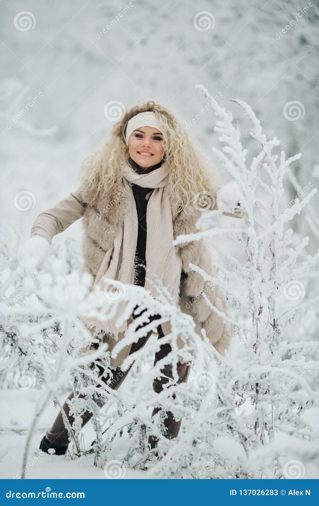 Portrait Of Blonde Woman On Walk In Winter Forest Stock Image Image