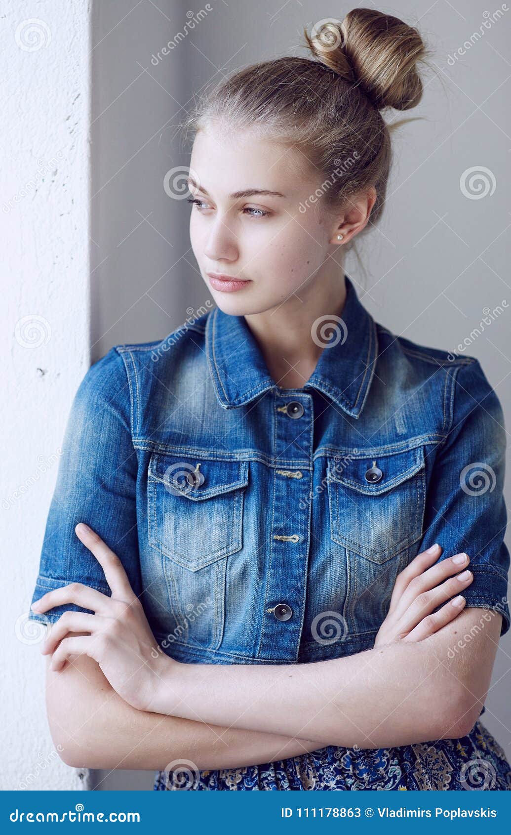 Blond Female Dressed In A Denim Jacket Stock Image Image Of Denim