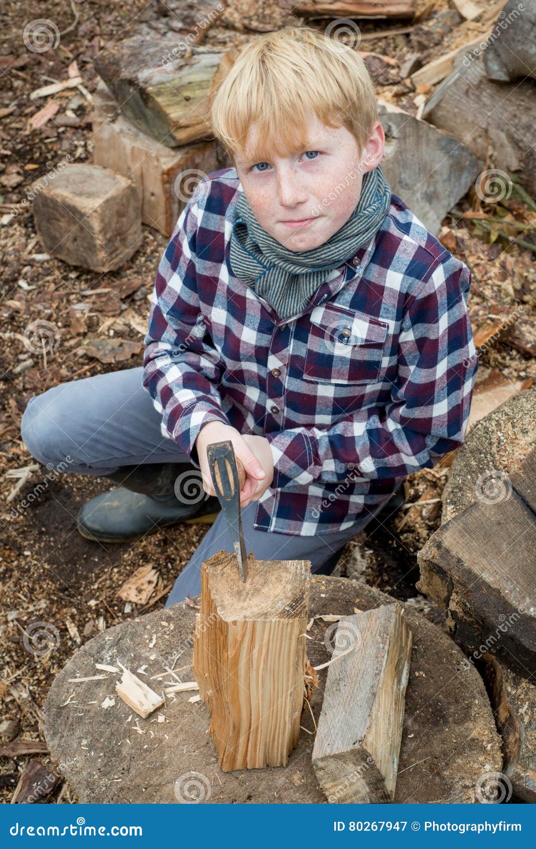 Portrait of a Boy with an Axe Cutting Wood Stock Image - Image of ...