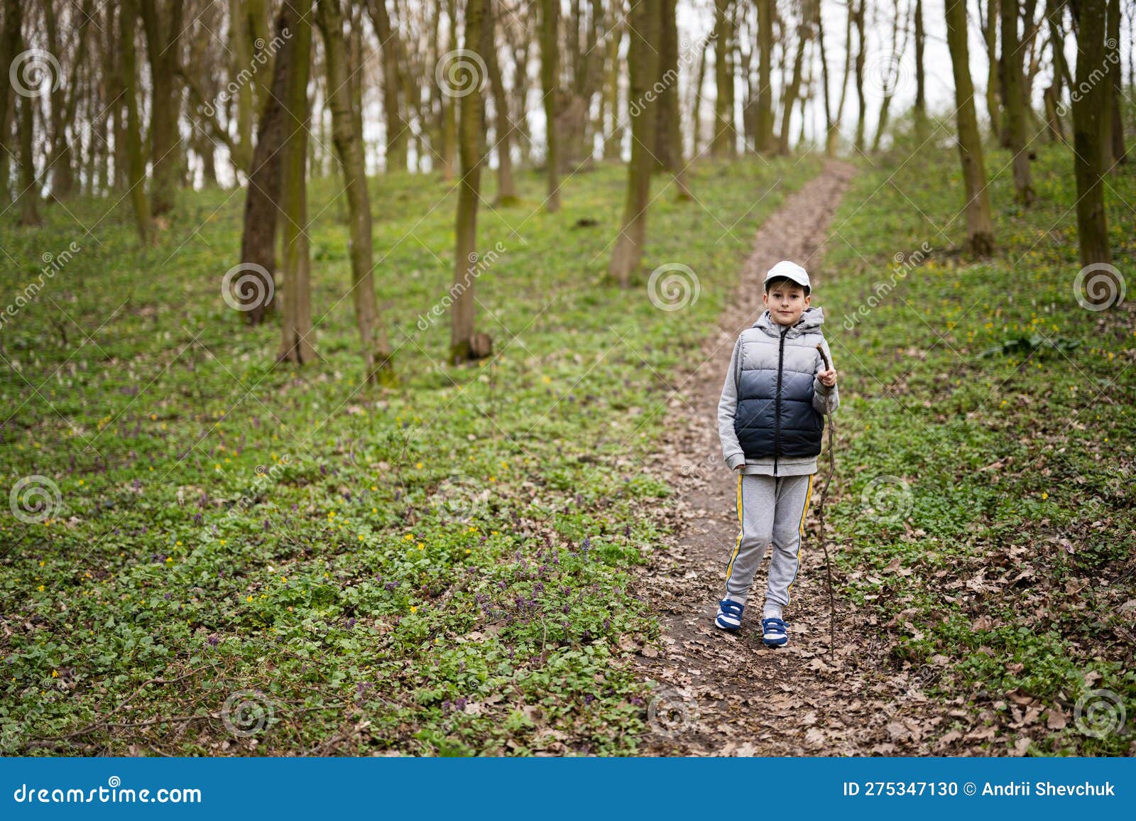 Portrait of Boy in Cap on Forest Path. Outdoor Spring Leisure Concept ...