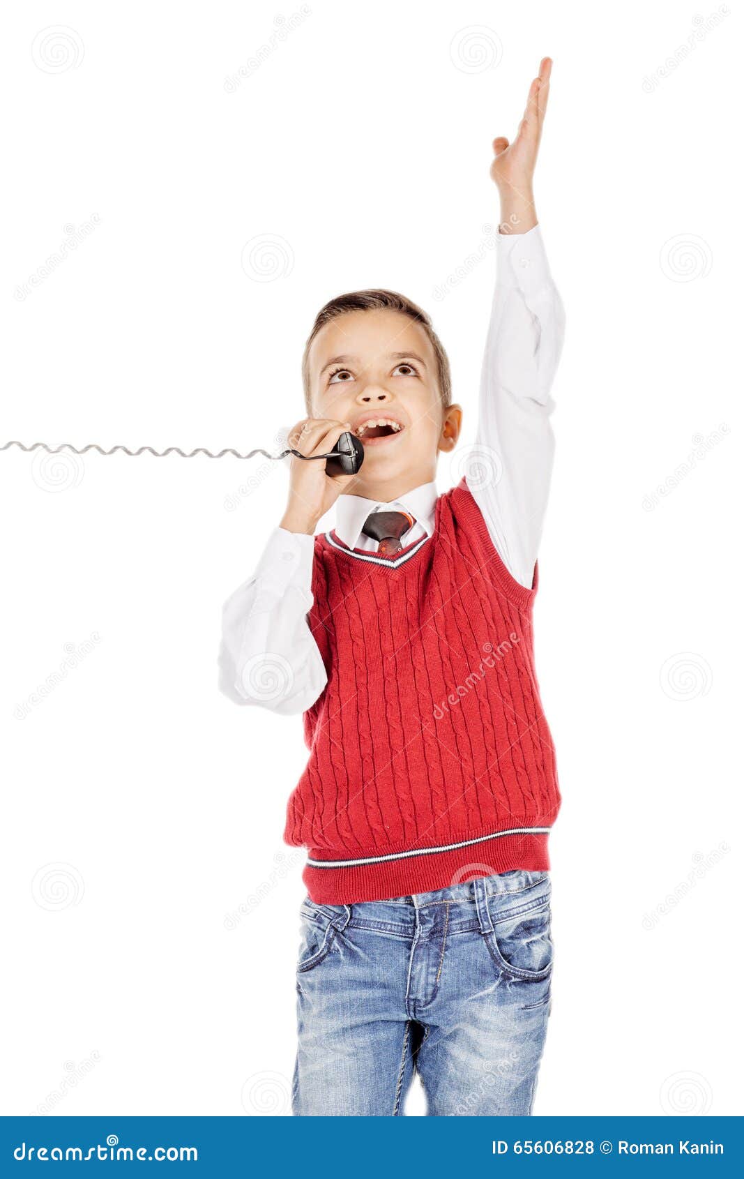 Portrait Boy Emotionally Talking on the Wired Telephone on Whit Stock ...