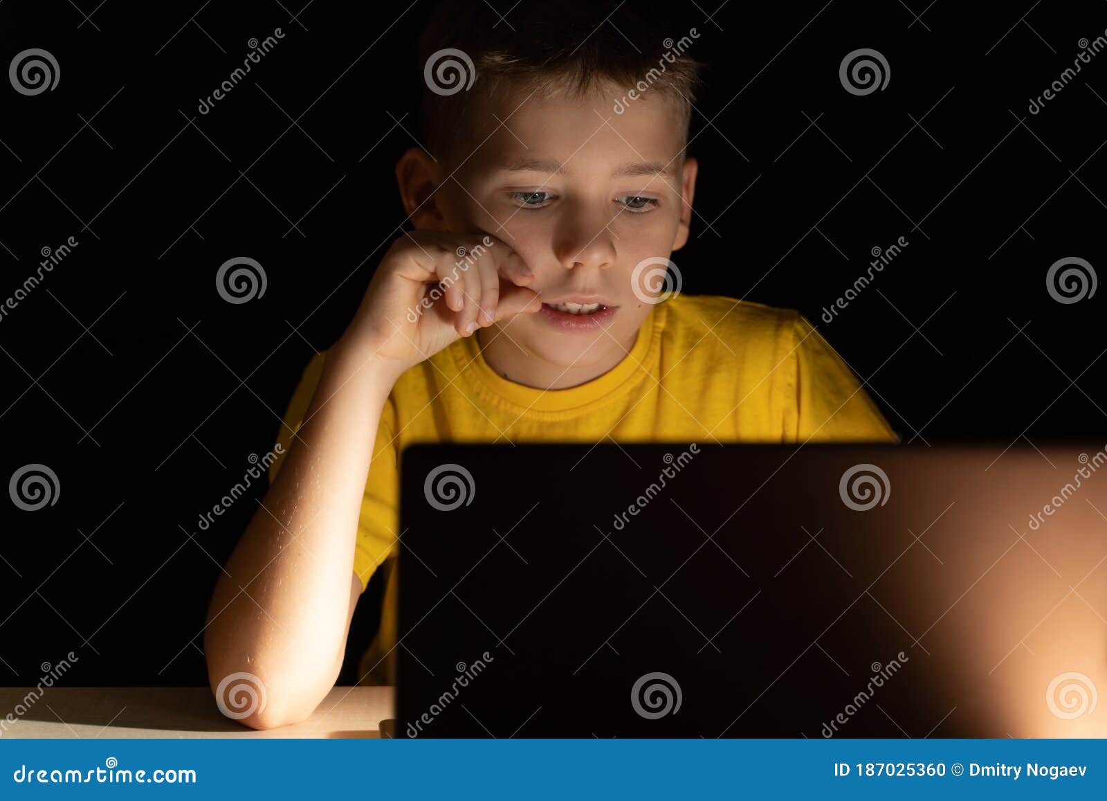 Portrait of a Boy in Front of a Computer Screen Who Communicates by ...