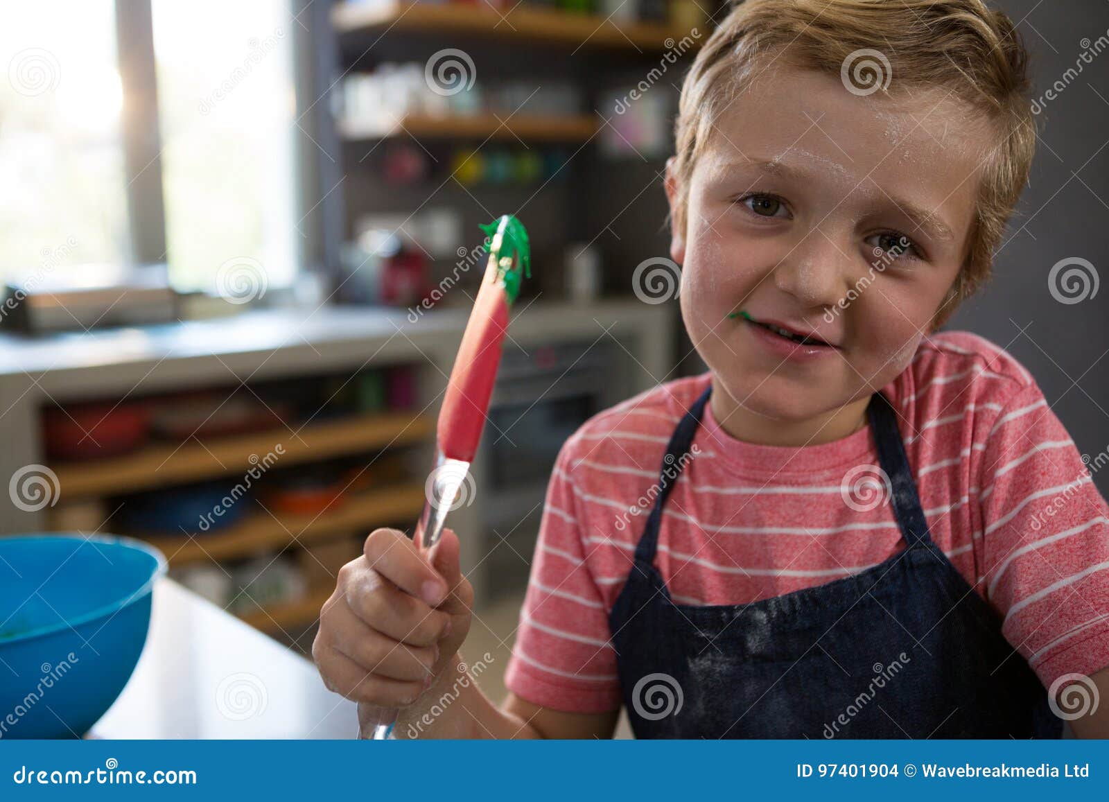 Portrait of Boy Holding Spatula with Batter Stock Photo - Image of ...