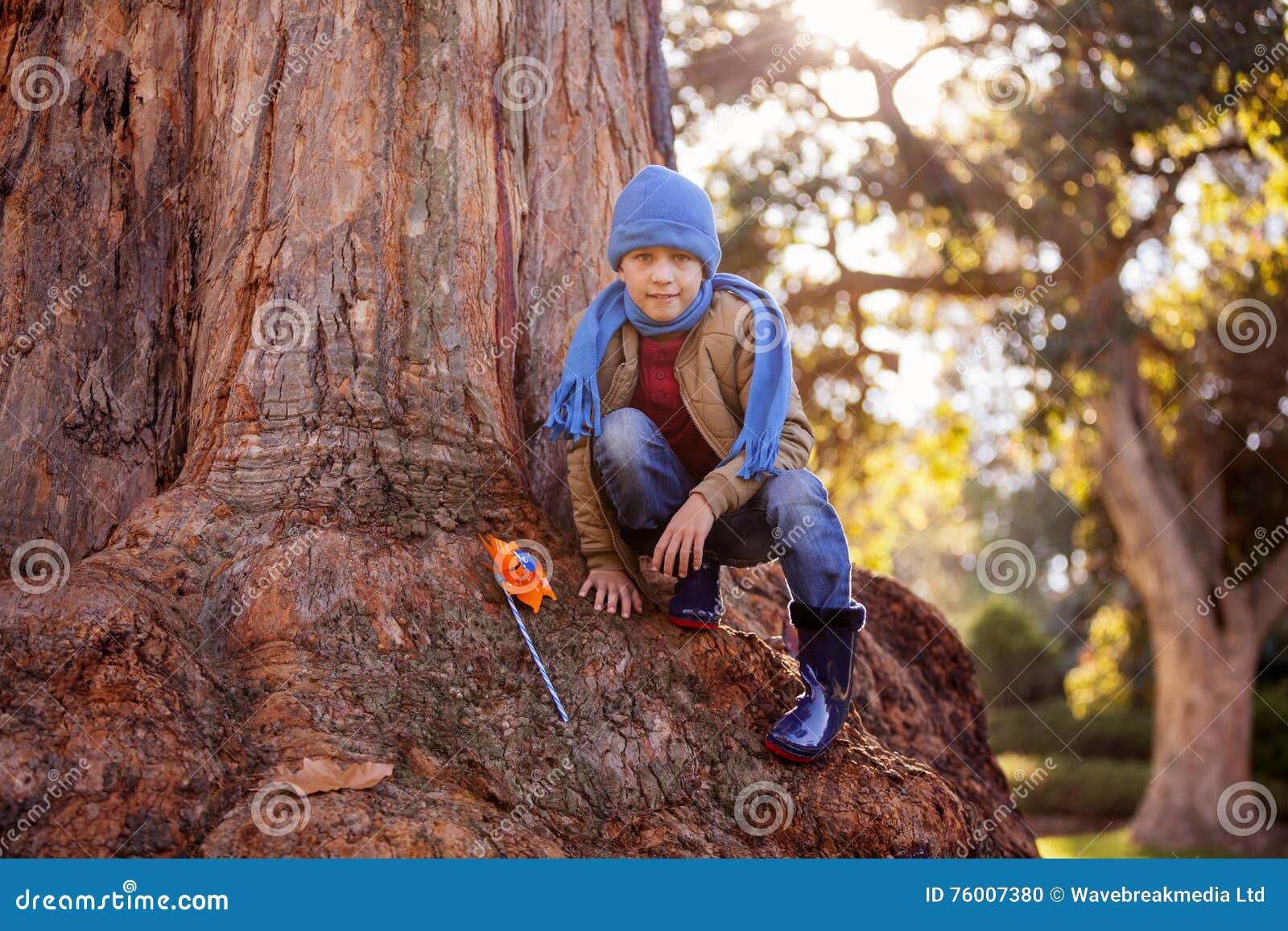 Portrait of Boy with Pinwheel while Crouching on Tree Trunk Stock Photo ...