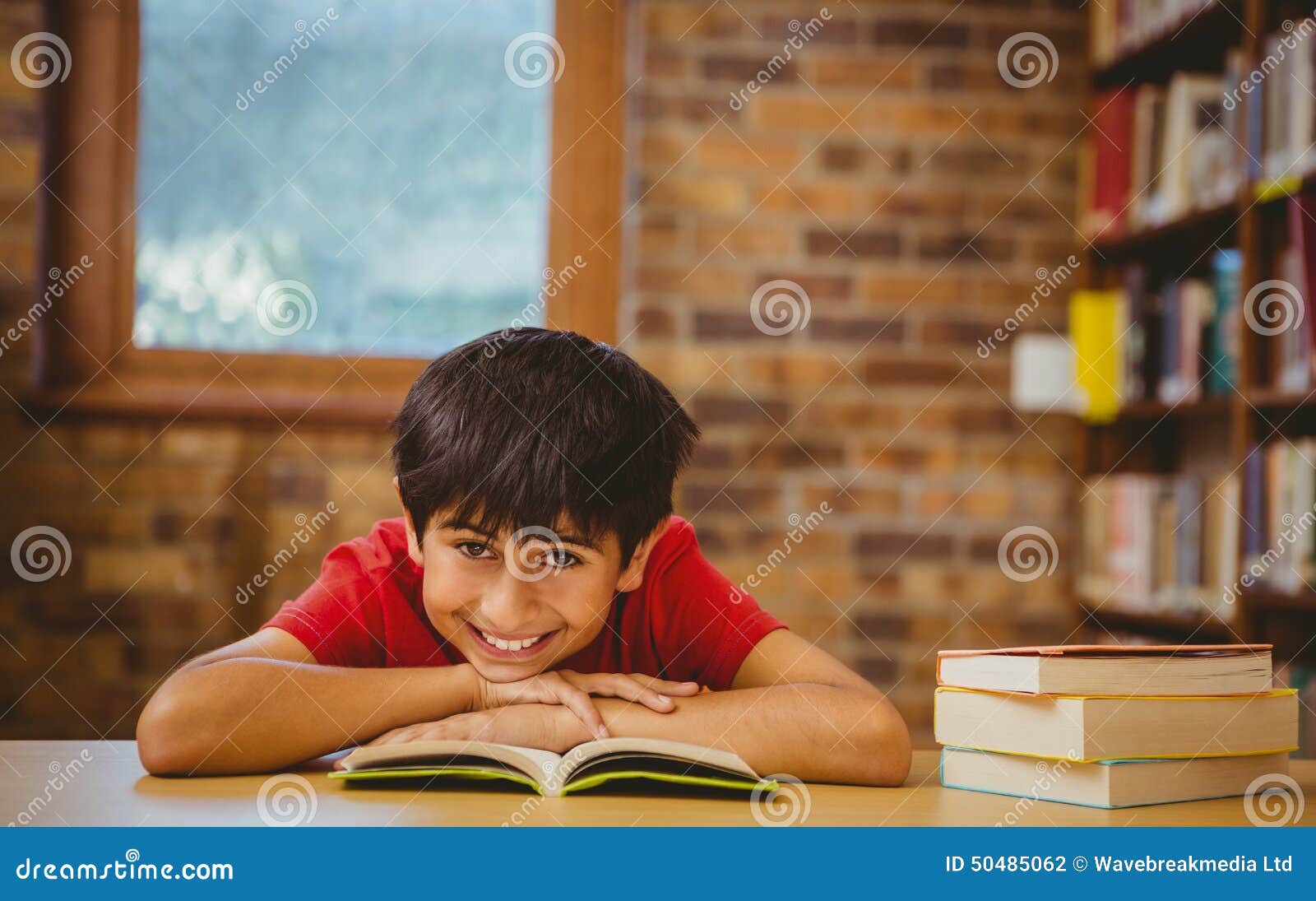 Portrait of Boy Reading Book in Library Stock Photo - Image of ...