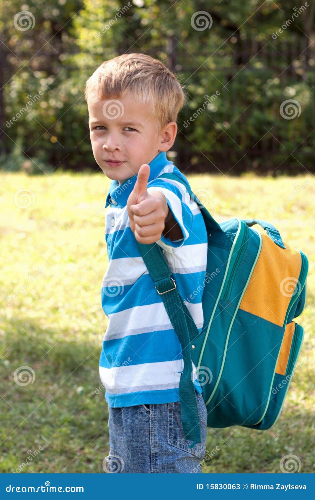 Portrait of a Boy with a School Backpack. Stock Image - Image of green ...