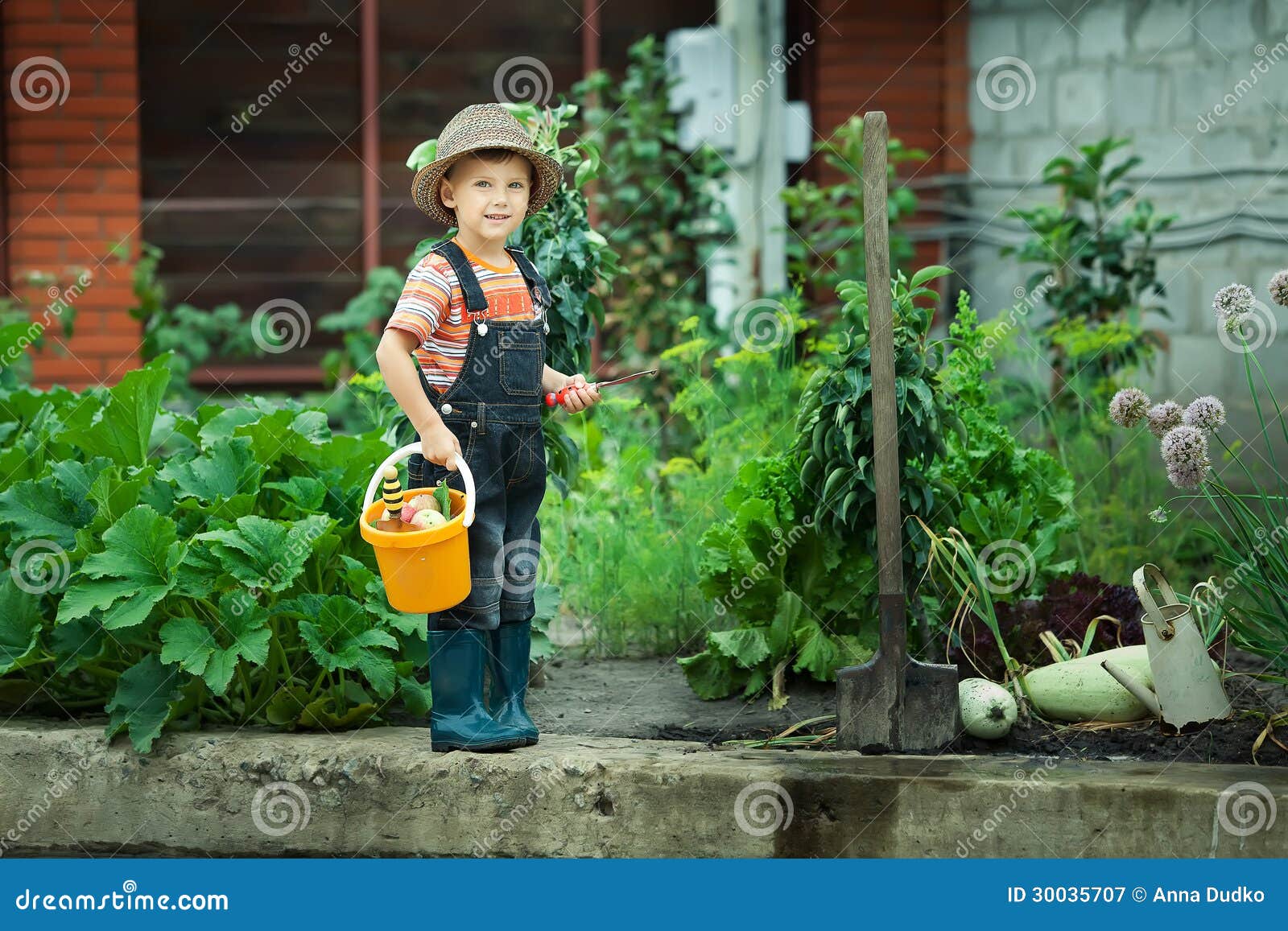 Boy working in the garden stock image. Image of plant - 30035707