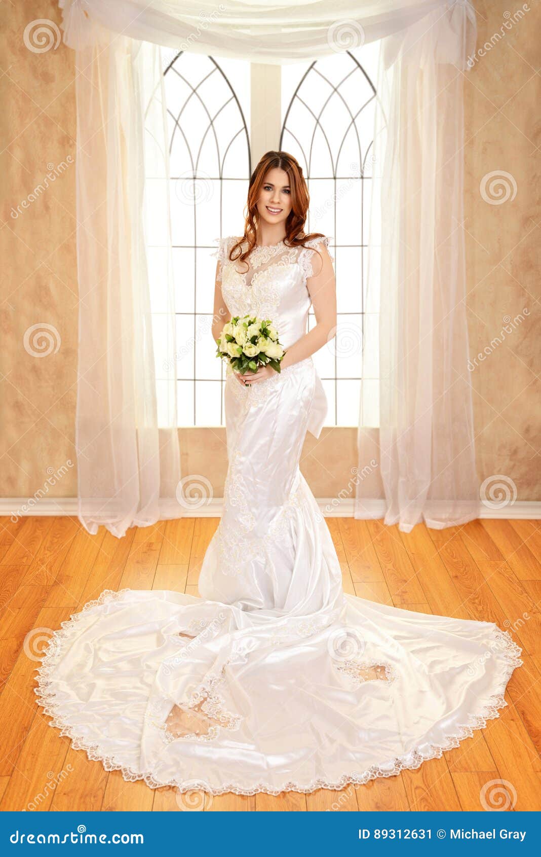 Portrait Bride Standing in Front of Window Stock Image - Image of ...