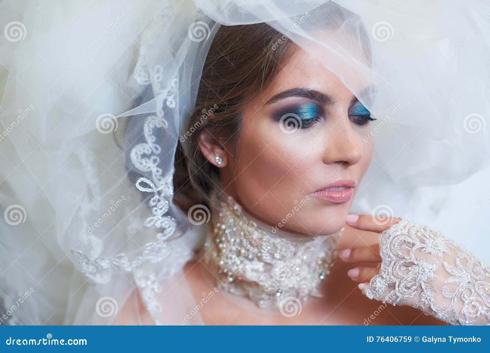 Portrait of Bride with a Veil and Makeup Stock Image - Image of jewelry ...