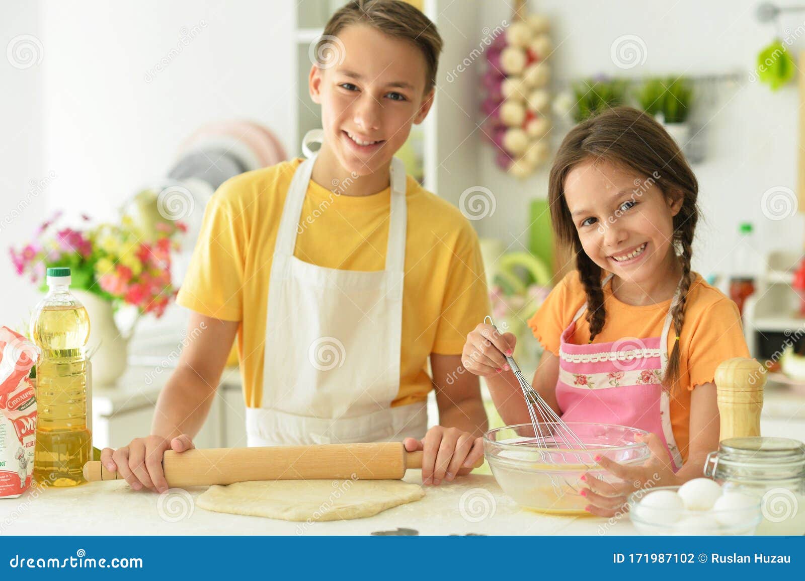 Portrait of Brother and Sister Baking Together Stock Photo - Image of ...