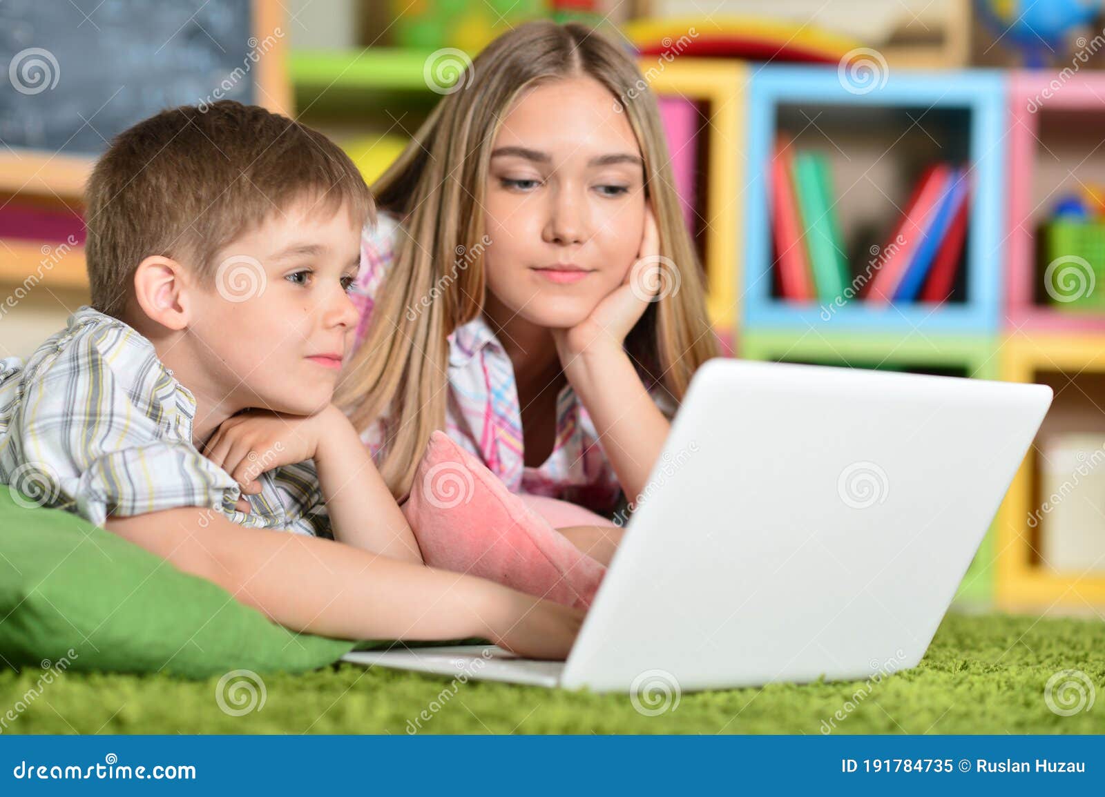 Portrait of Brother and Sister Playing Computer Stock Image - Image of ...