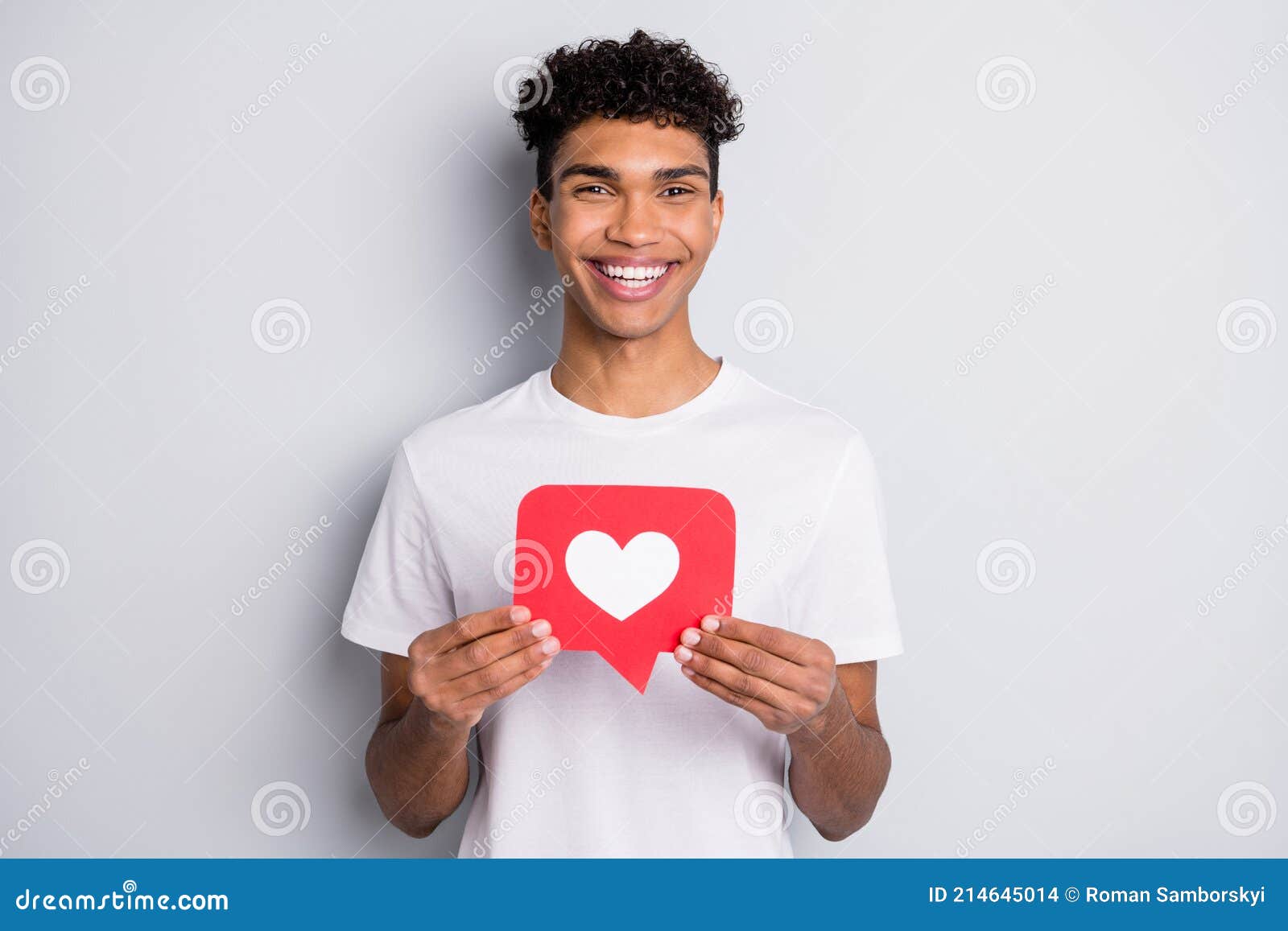 Portrait Of Brunet Optimistic Curly Nice Guy Show Like Wear White T