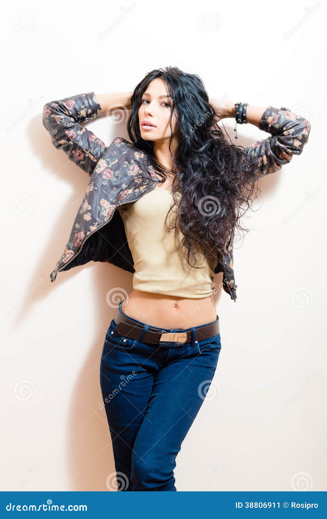 Portrait Of Brunette Beautiful Young Woman Attractive Girl With Blue