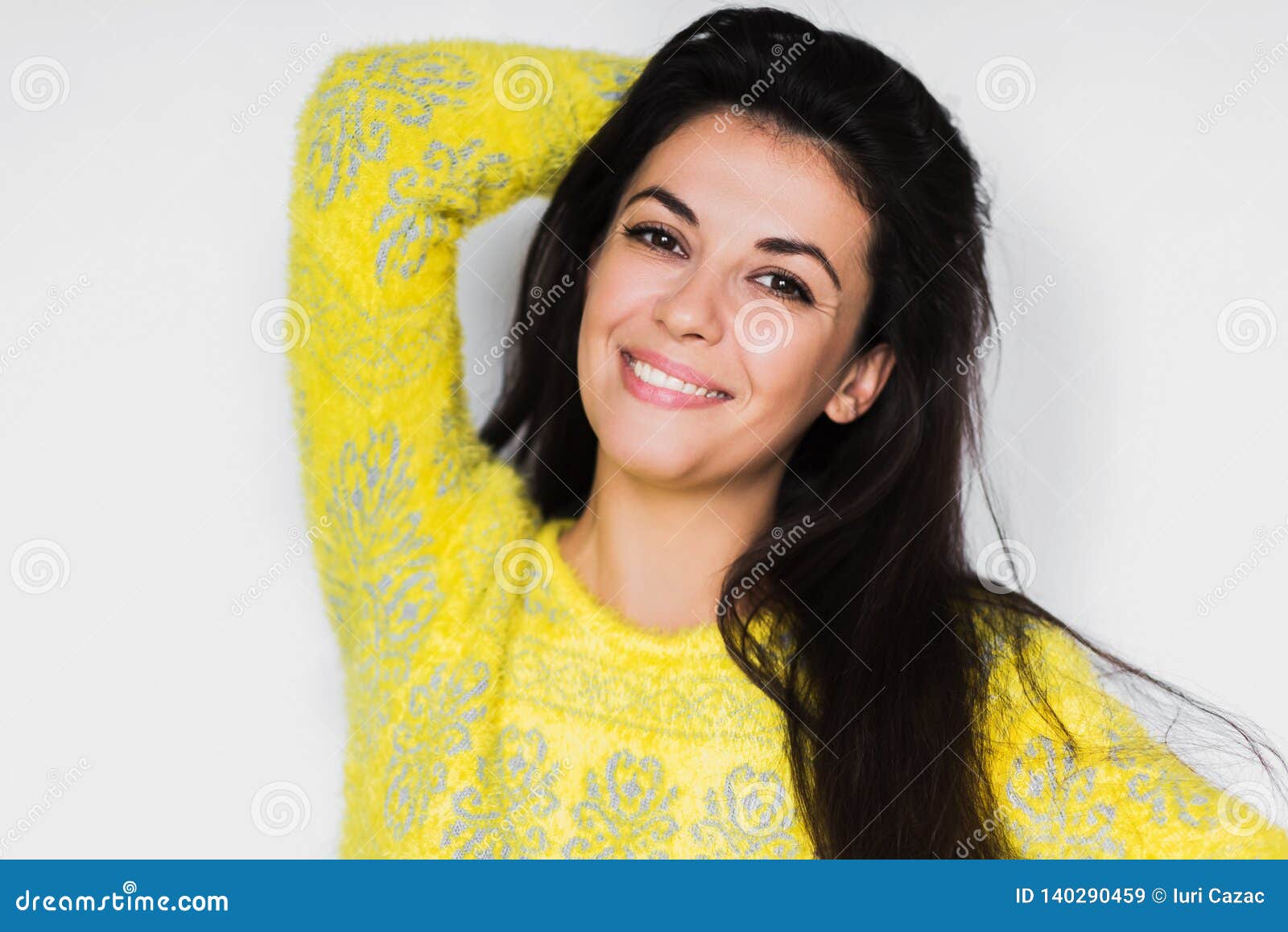 Portrait Of Brunette Cheerful Woman With Healthy Toothy Smile Look In