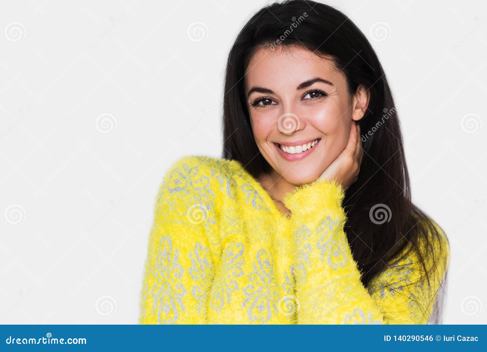 Portrait Of Brunette Cheerful Woman With Healthy Toothy Smile Look In
