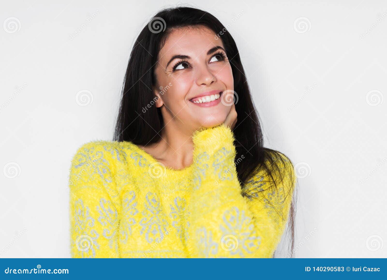 Portrait Of Brunette Cheerful Woman With Healthy Toothy Smile Look In