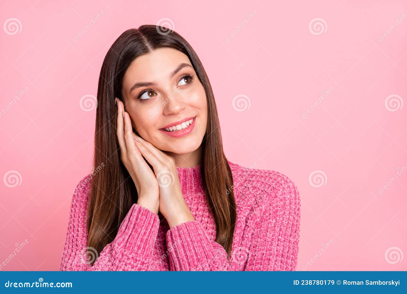 Portrait Of Brunette Optimistic Girl Hands Head Look Empty Space Wear