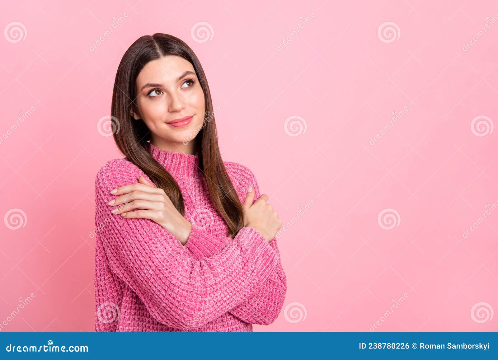 Portrait Of Brunette Optimistic Girl Hug Herself Look Empty Space Wear