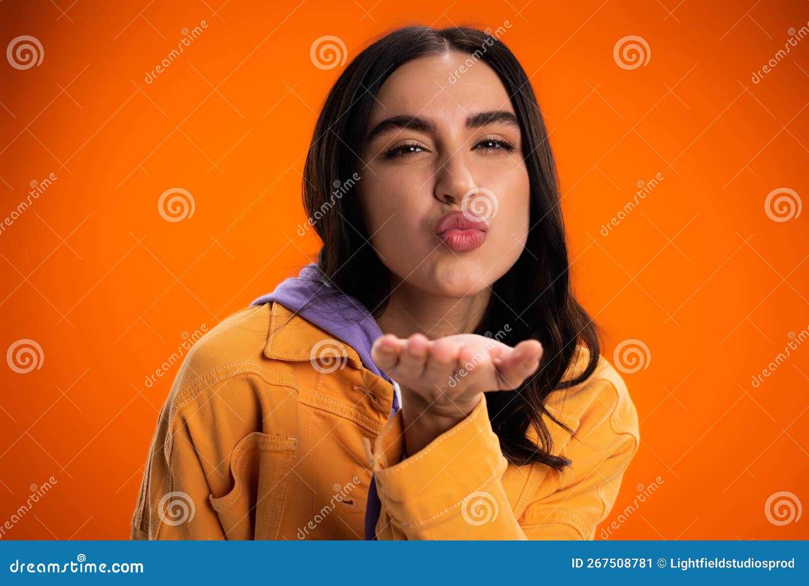 Portrait Of Brunette Woman Blowing Kiss Stock Image Image Of Pretty